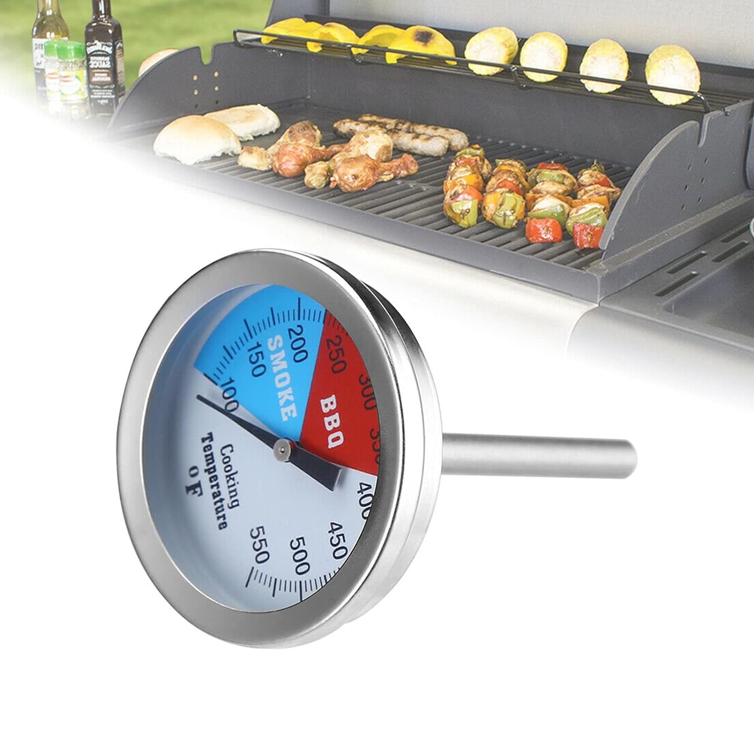 1Pc Silver BBQ Thermometer Gauge Kitchen Oven Smoke Grill Thermometer 3 Color-Coded Zones Grill Wood Charcoal Temperature Gauge Quick Response Stainless Steel with Large Dial Metal Grill Thermometers