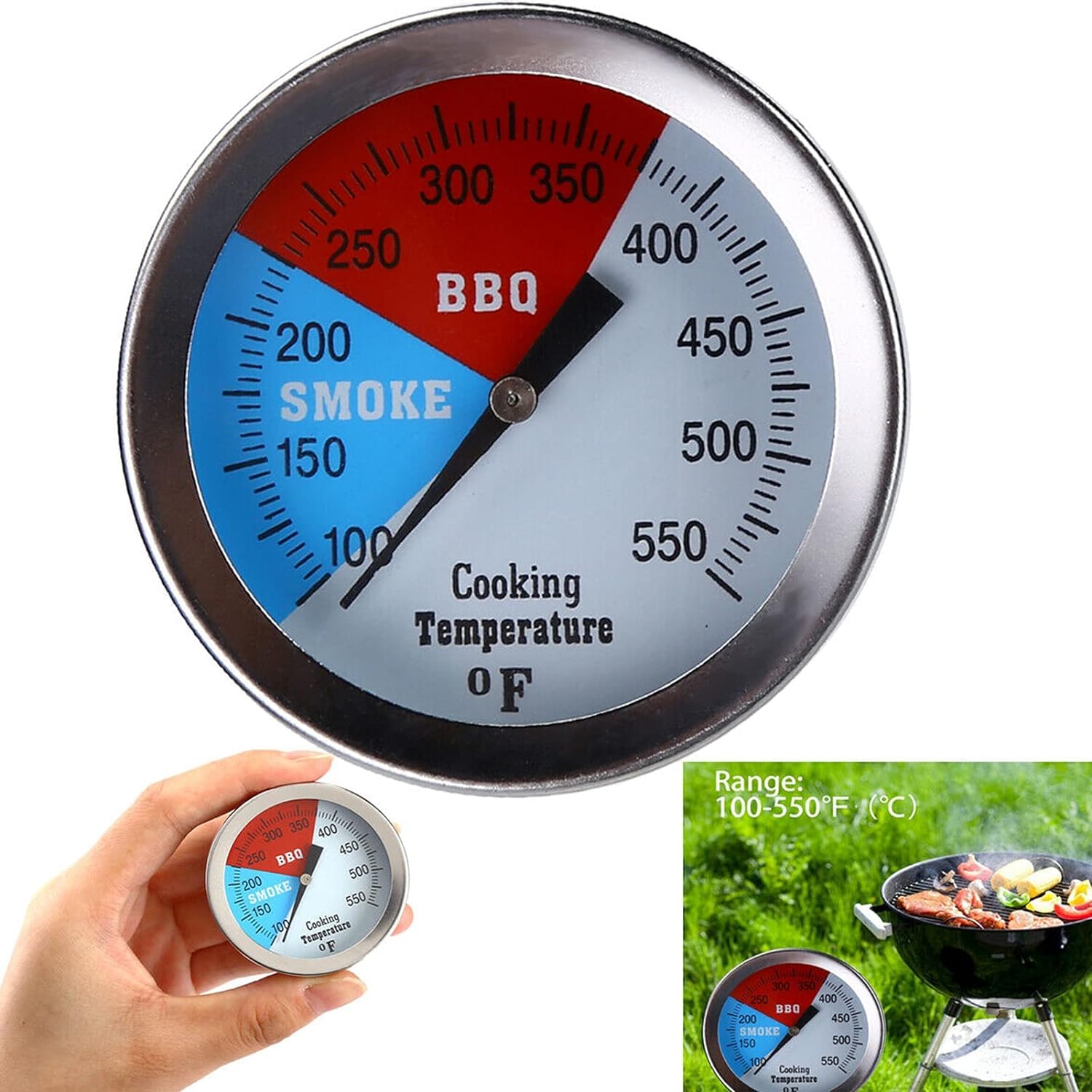 1Pc Silver BBQ Thermometer Gauge Kitchen Oven Smoke Grill Thermometer 3 Color-Coded Zones Grill Wood Charcoal Temperature Gauge Quick Response Stainless Steel with Large Dial Metal Grill Thermometers