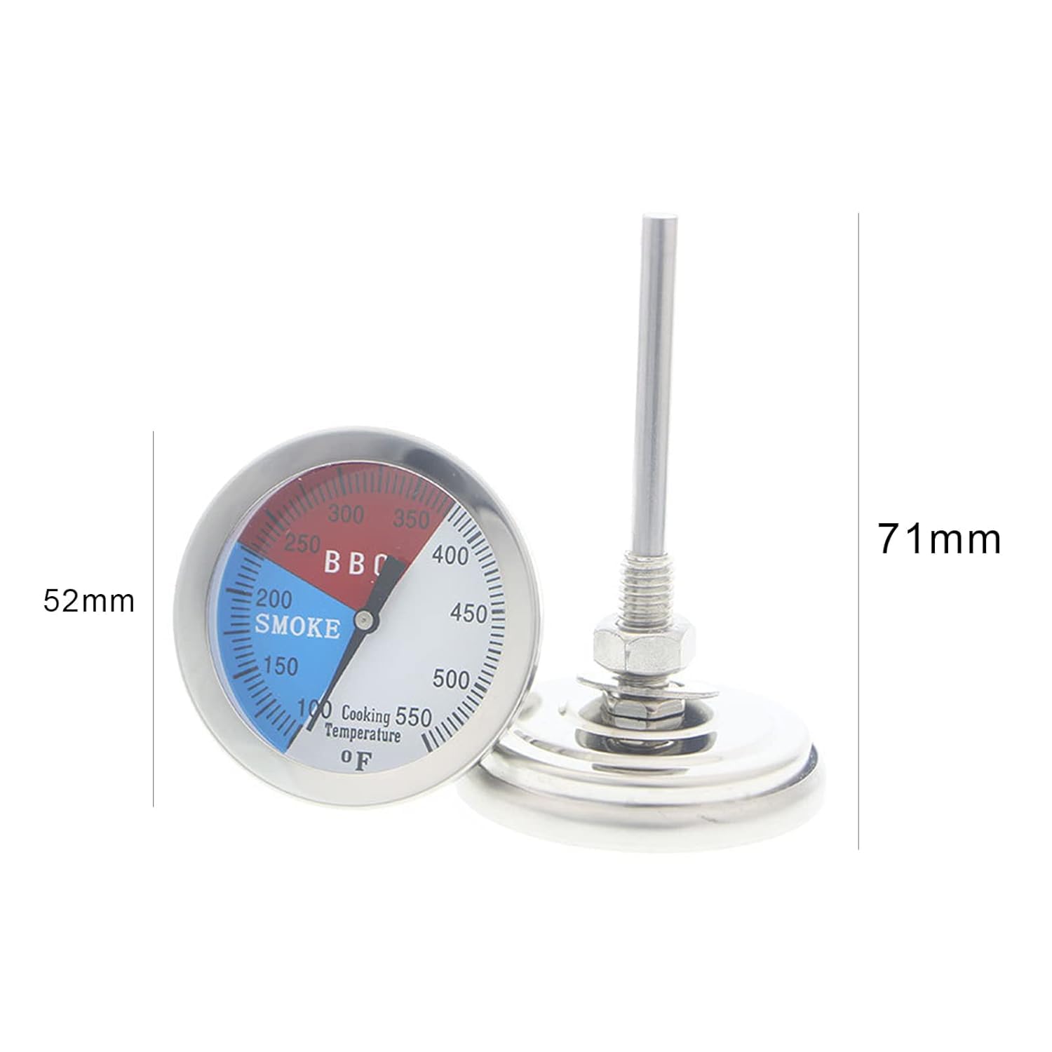 1Pc Silver BBQ Thermometer Gauge Kitchen Oven Smoke Grill Thermometer 3 Color-Coded Zones Grill Wood Charcoal Temperature Gauge Quick Response Stainless Steel with Large Dial Metal Grill Thermometers