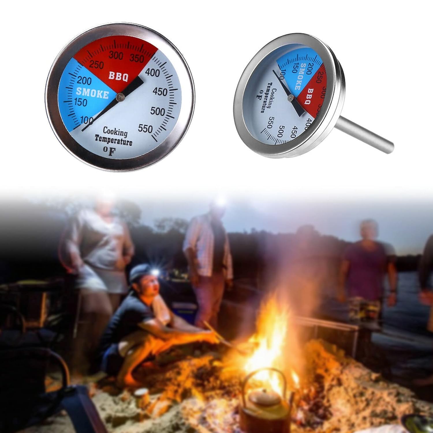 1Pc Silver BBQ Thermometer Gauge Kitchen Oven Smoke Grill Thermometer 3 Color-Coded Zones Grill Wood Charcoal Temperature Gauge Quick Response Stainless Steel with Large Dial Metal Grill Thermometers