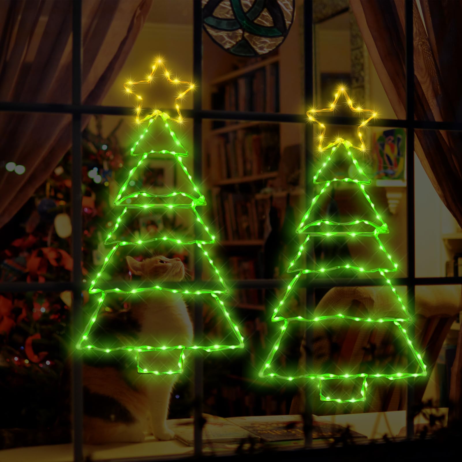 Bstge Christmas Window Decorations, 2 Pack Window Silhouette Lights, 8 Modes Lighted Christmas Tree Decor, Indoor Lights for Holiday Wall Door Glass Decor(Green)