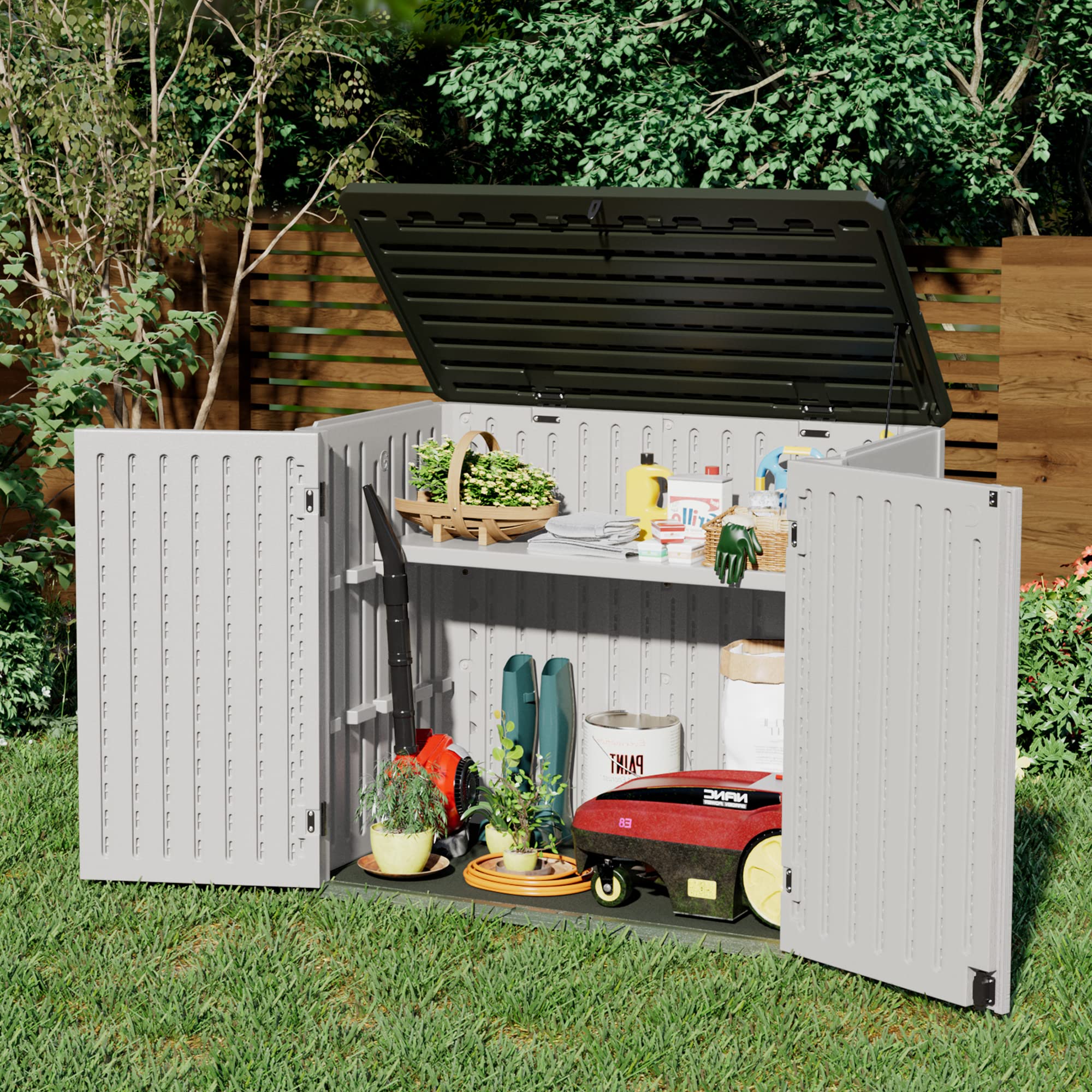 Greesum Outdoor Horizontal Resin Storage Sheds 34 Cu. Ft. Weather Resistant Resin Tool Shed, Extra Large Capacity Weather Resistant Box for Bike, Garbage Cans, Lawnmowe, with Divider, Grey
