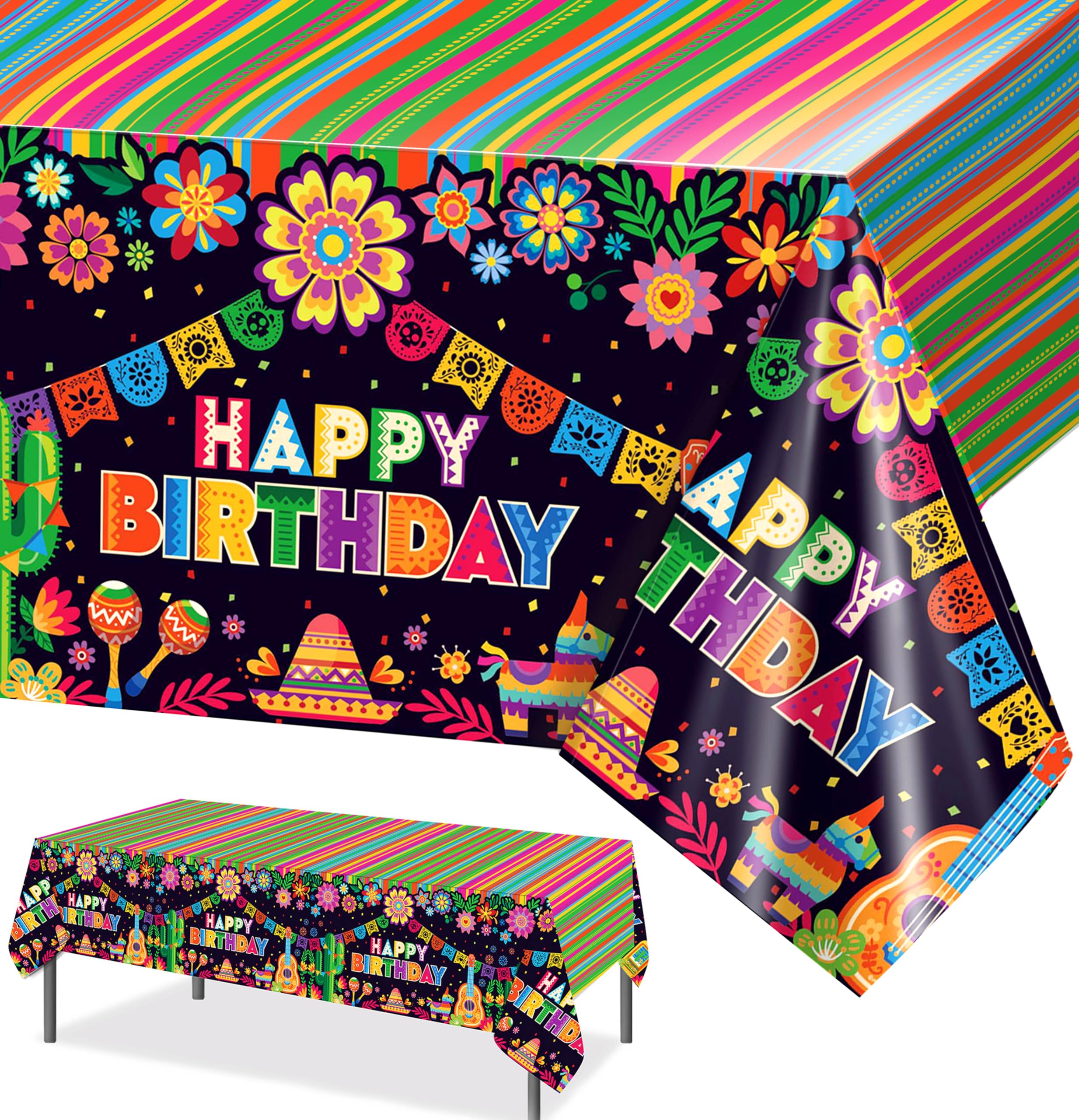 PHOGARY 3 PCS Fiesta Tablecloths for Mexican Themed Birthday Party Decorations, Fiesta Party Decorations Plastic Tablecovers for Mexicana Taco Night, Cinco De Mayo, Colourful Stripes 51" x108"