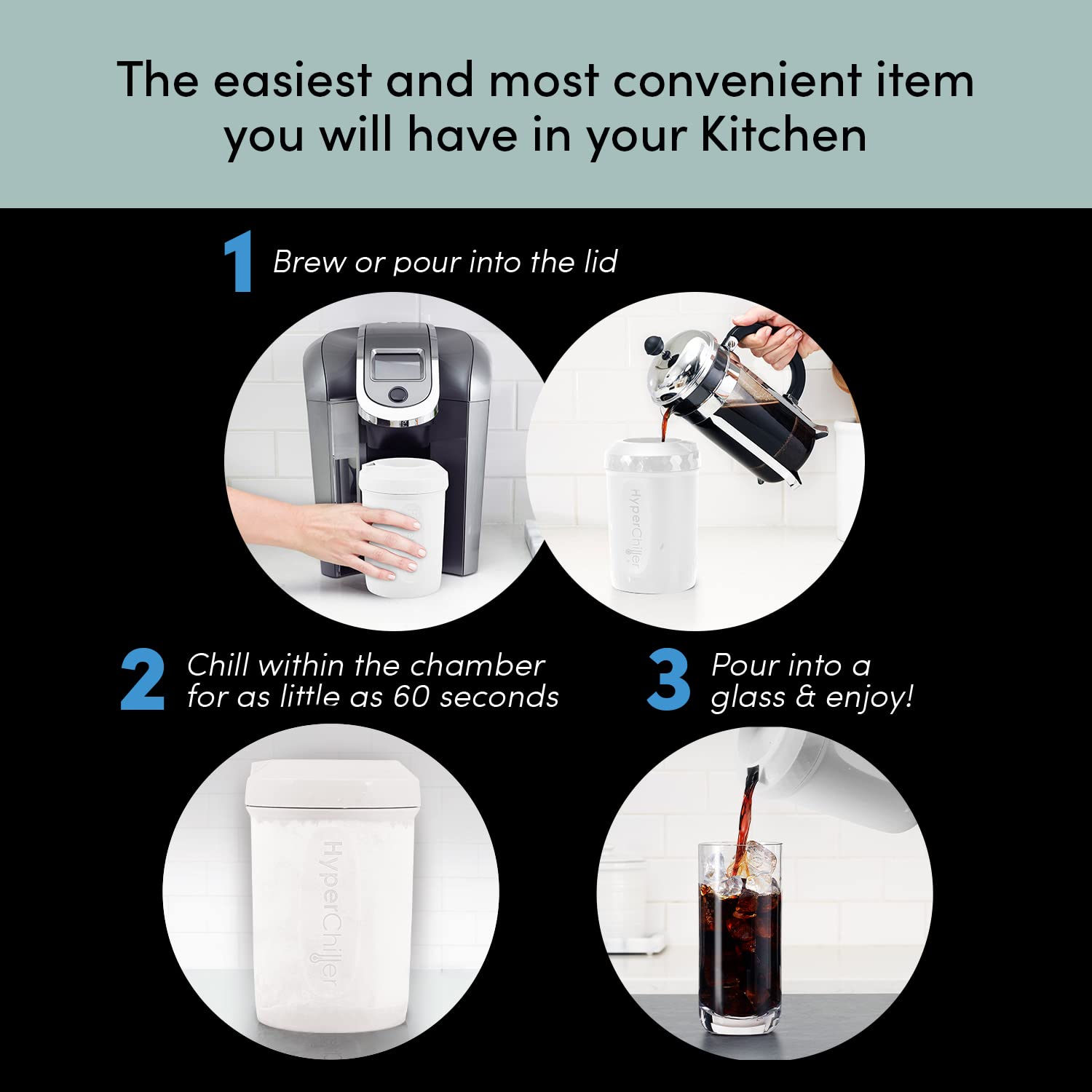HyperChiller HC2W Patented Iced Coffee/Beverage Cooler, NEW, IMPROVED,STRONGER AND MORE DURABLE! Ready in One Minute, Reusable for Iced Tea, Wine, Spirits, Alcohol, Juice, 12.5 Oz, White