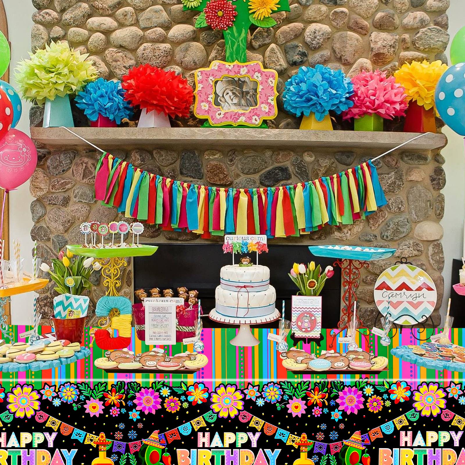 PHOGARY 3 PCS Fiesta Tablecloths for Mexican Themed Birthday Party Decorations, Fiesta Party Decorations Plastic Tablecovers for Mexicana Taco Night, Cinco De Mayo, Colourful Stripes 51" x108"