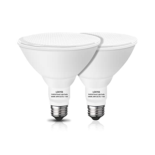 LOXYEE PAR38 LED Outdoor Flood Light Bulbs 2 Pack，20W(200W Equivalent) E26 Base Flood Light Bulbs,5000K Daylight 1800 Lumens LED Flood Light for Outdoor Garden,Garage,Yards,Non-Dimmable