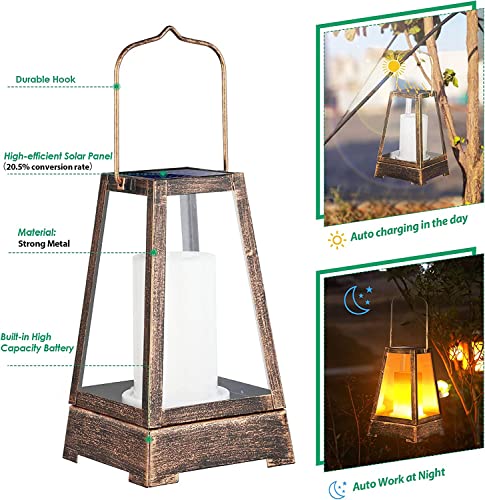 TomCare Solar Lantern Outdoor Waterproof Flickering Flame Metal Hanging Solar Lights Decorative Outdoor Lanterns Solar Powered LED Flame Lights Outdoor Decorations for Patio Garden Yard Deck, 2 Pack