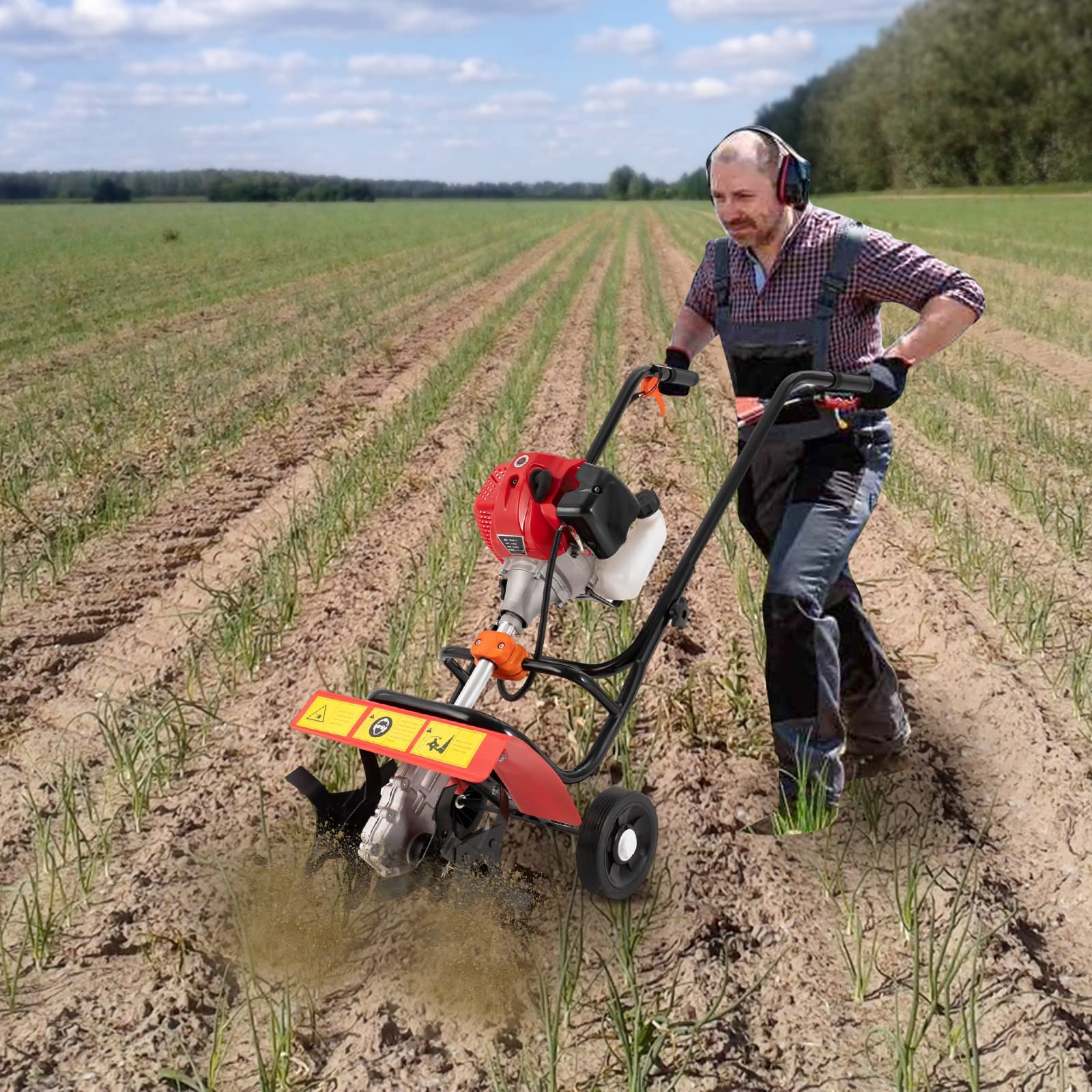 Gas Power Tillers, 52CC 2-Stroke Gasoline Powered Garden Farmyard Tiller Cultivator, 1.9KW Mini Gasoline Tiller with Hand-Pull Recoil, Single Cylinder Gasoline Engine Tilling Rototiller for Planting