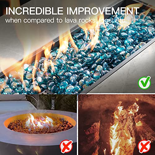 APROMISE Fire Glass for Fire Pit - 3/4 inch Fire Pit Glass Beads | Shiny Fire Glass for Propane/Gas Fire Pit and Fireplace | Flat Glass Marbles for Vase & Aquarium & Garden | 10lbs | Caribbean Blue
