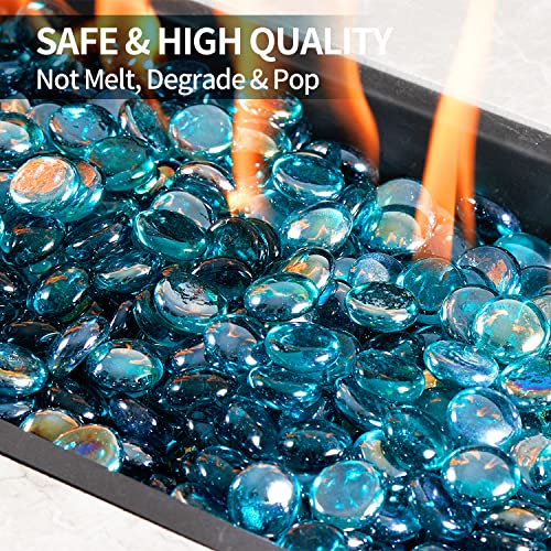 APROMISE Fire Glass for Fire Pit - 3/4 inch Fire Pit Glass Beads | Shiny Fire Glass for Propane/Gas Fire Pit and Fireplace | Flat Glass Marbles for Vase & Aquarium & Garden | 10lbs | Caribbean Blue