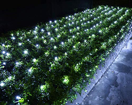 iBaycon White Christmas Net Lights, 200 LED 7ft × 5ft Connectable 8 Modes Low Voltage Bush Lights Mesh Netting Lights for Christmas Trees, Wedding, Garden, Outdoor Decorations (Green Wire, White)