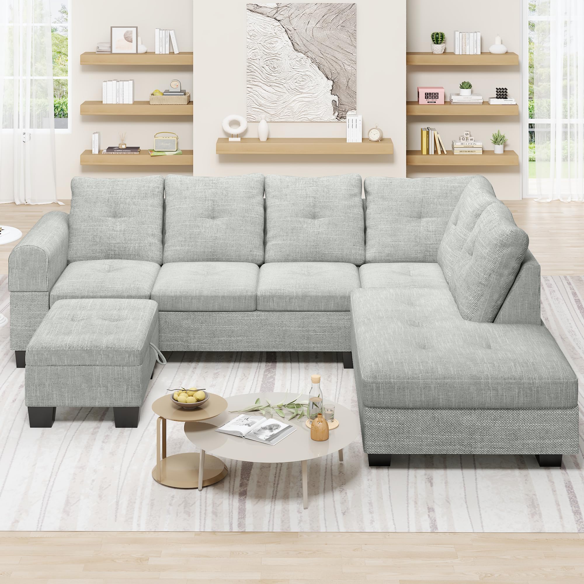 AWQM Modular Sectional Sofa with Ottoman, Fabric L-Shaped Couch with Chaise & Cup Holders, Living Room Furniture Sets Sectional Sofa Set, 6 Seat Corner Couch Sofa for Living Room, Apartment