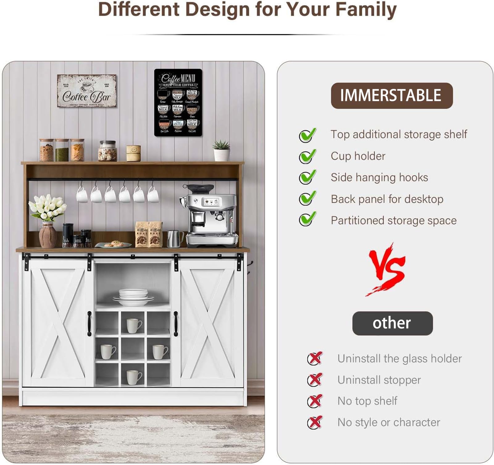 IMMERSTABLE Farmhouse Coffee Kitchen Bar Cabinet with Wine Racks, Coffee Station for Dining Room, White