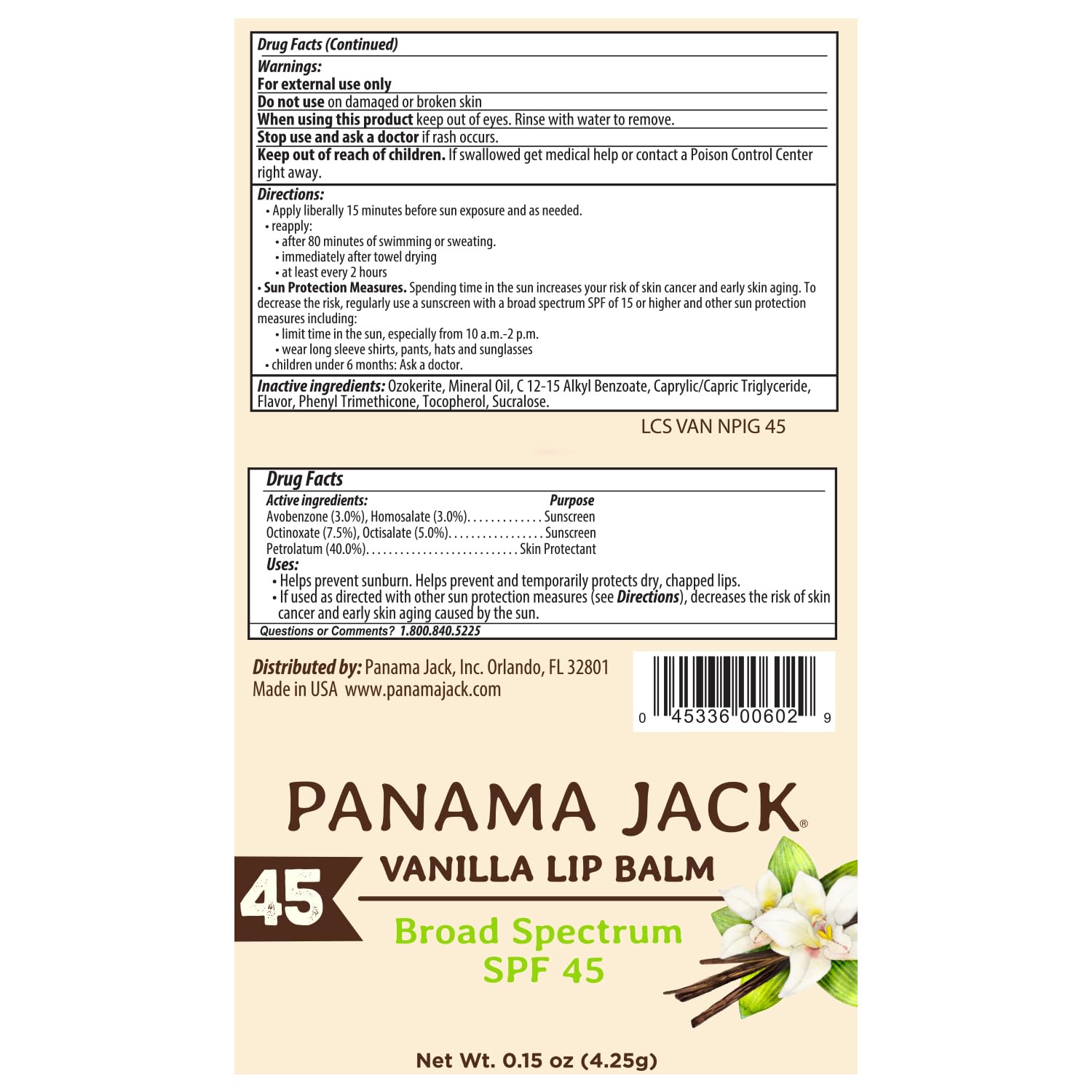 Panama Jack Sunscreen Lip Balm - SPF 45, Broad Spectrum UVA-UVB Sunscreen Protection, Prevents & Soothes Dry, Chapped Lips, Vanilla, 3-pack