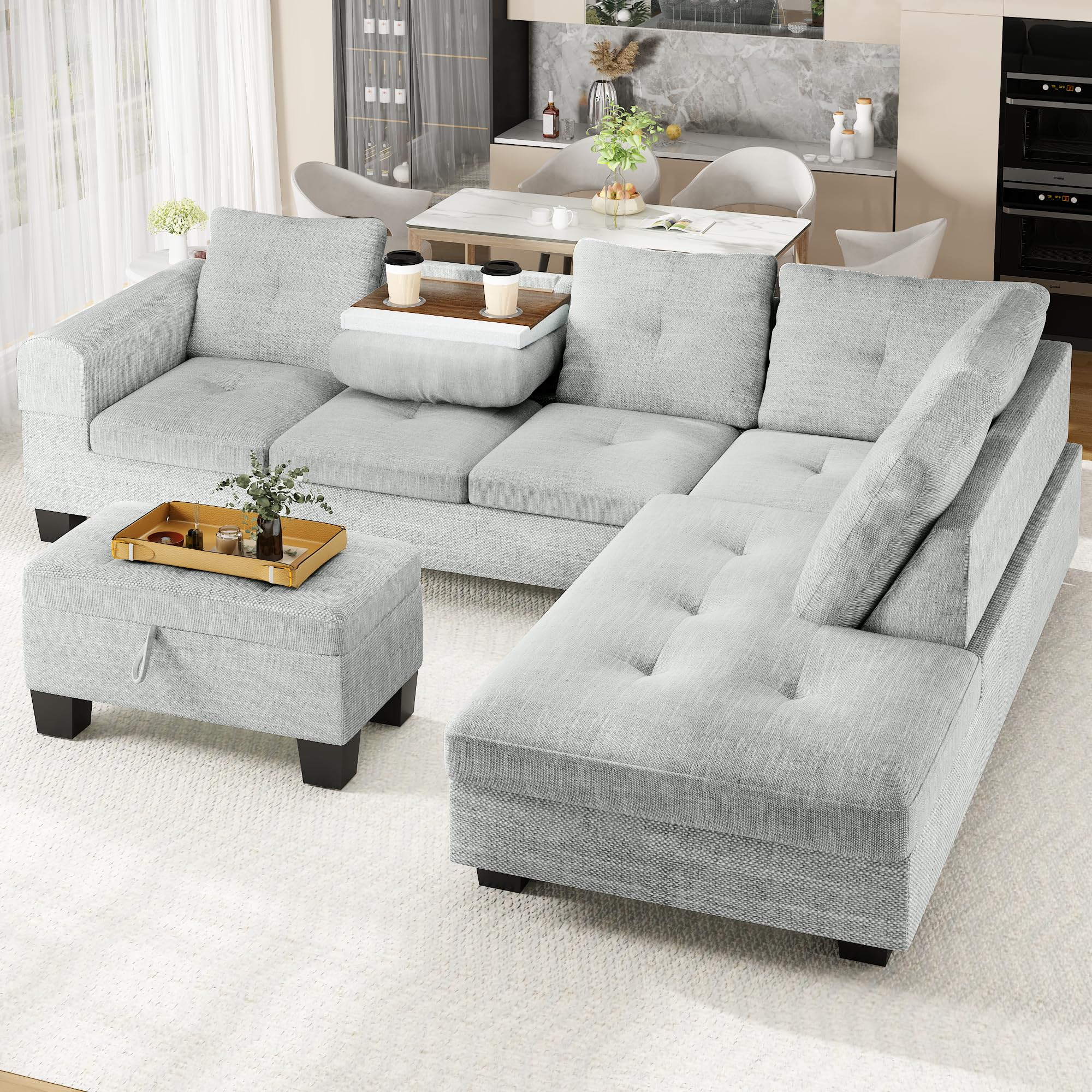 AWQM Modular Sectional Sofa with Ottoman, Fabric L-Shaped Couch with Chaise & Cup Holders, Living Room Furniture Sets Sectional Sofa Set, 6 Seat Corner Couch Sofa for Living Room, Apartment