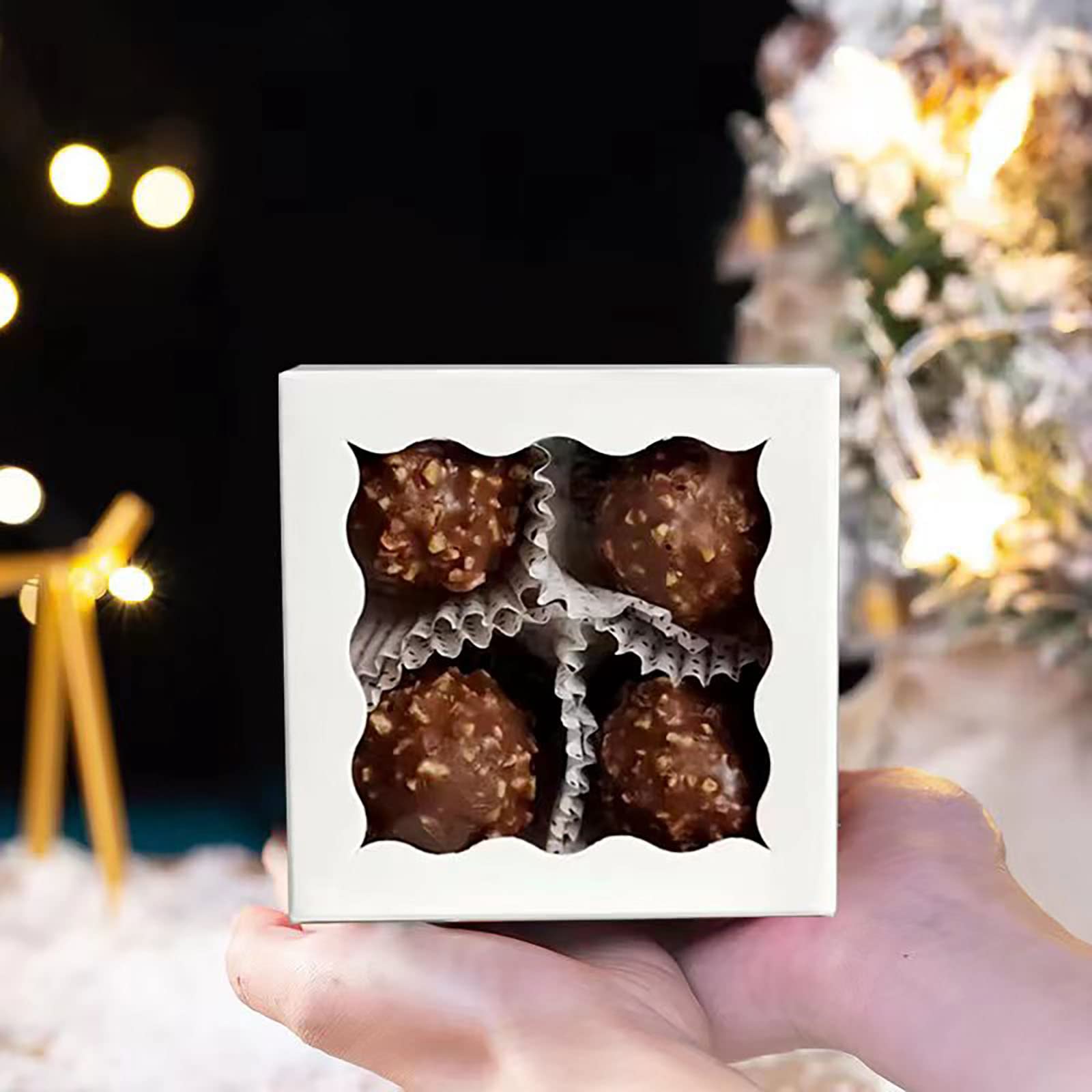 RomanticBaking 3 1/4" x 3 1/4" x 1 1/2" 50PCS Chocolate Truffle Boxes for 4,Cookies Boxes Soap Boxes Donut Boxes Macaron Boxes Mini Bakery Boxes with Window Brownie Boxes