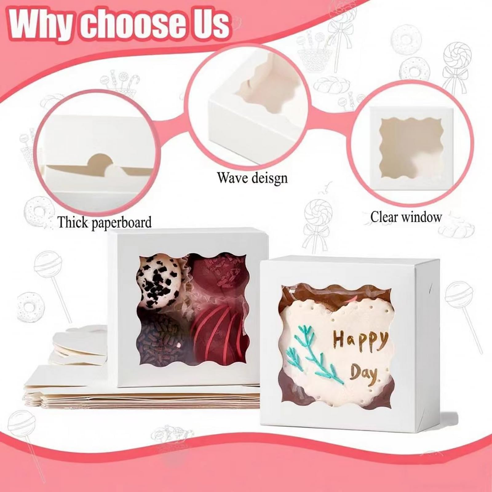 RomanticBaking 3 1/4" x 3 1/4" x 1 1/2" 50PCS Chocolate Truffle Boxes for 4,Cookies Boxes Soap Boxes Donut Boxes Macaron Boxes Mini Bakery Boxes with Window Brownie Boxes