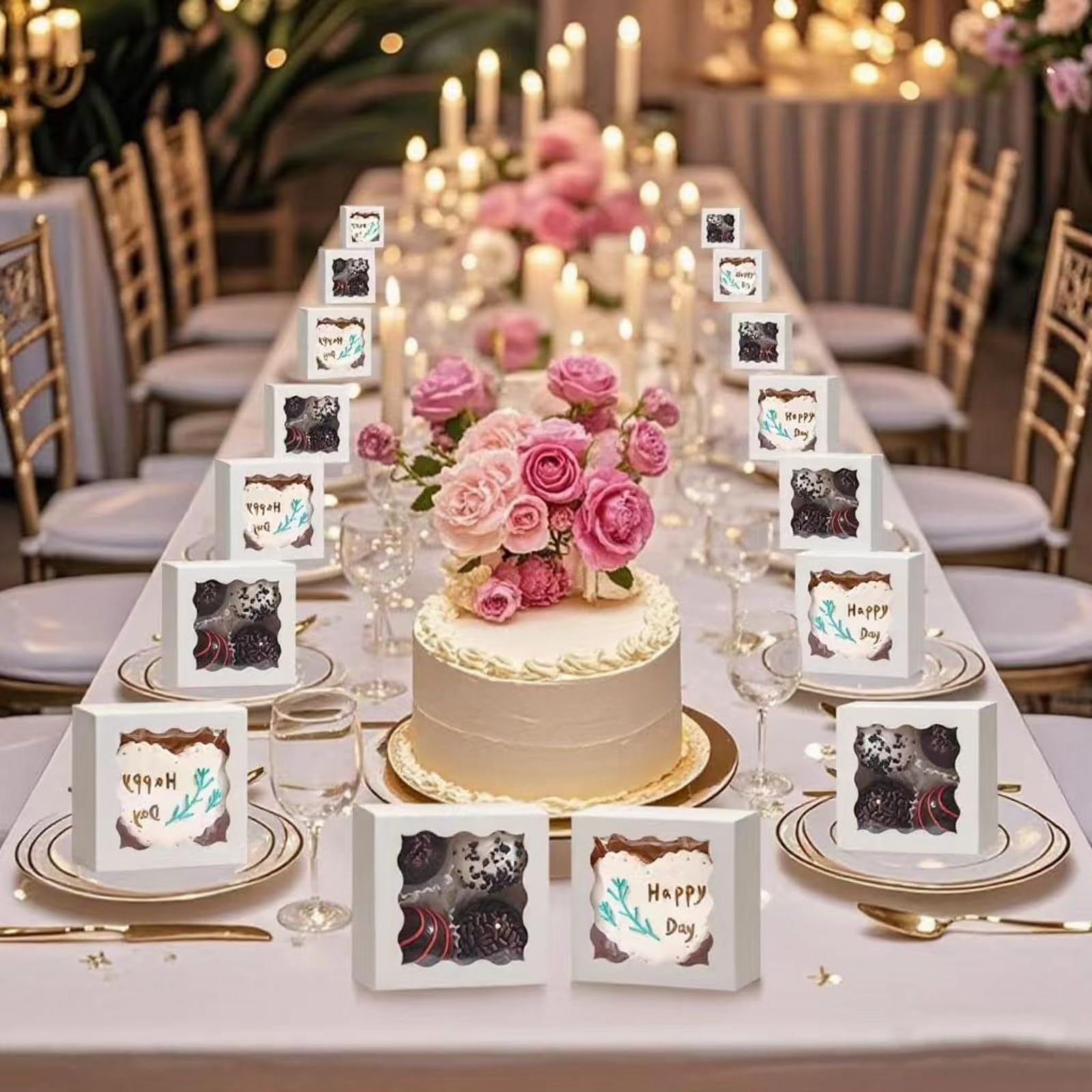 RomanticBaking 3 1/4" x 3 1/4" x 1 1/2" 50PCS Chocolate Truffle Boxes for 4,Cookies Boxes Soap Boxes Donut Boxes Macaron Boxes Mini Bakery Boxes with Window Brownie Boxes