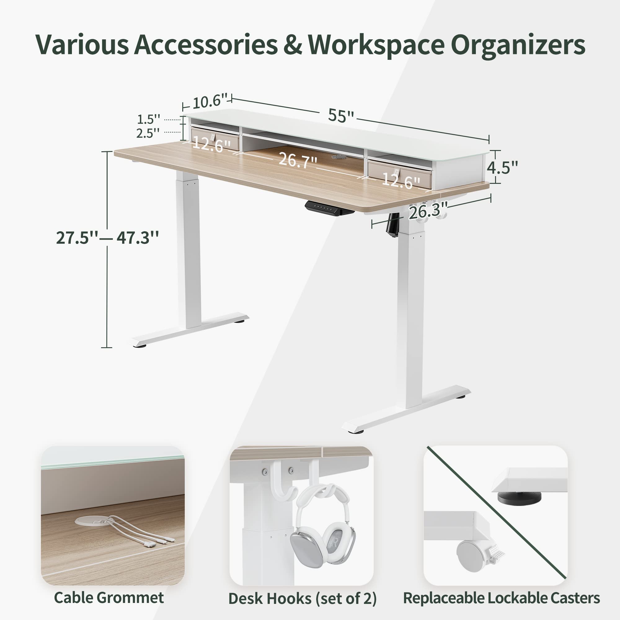 FEZIBO Electric Standing Desk with Glass Top Monitor Stand,55 x 26 Inch Adjustable Sit Stand Up Table with Double Drawer, Sit Stand Desk with Storage Shelf, White Frame/Light Walnut Top
