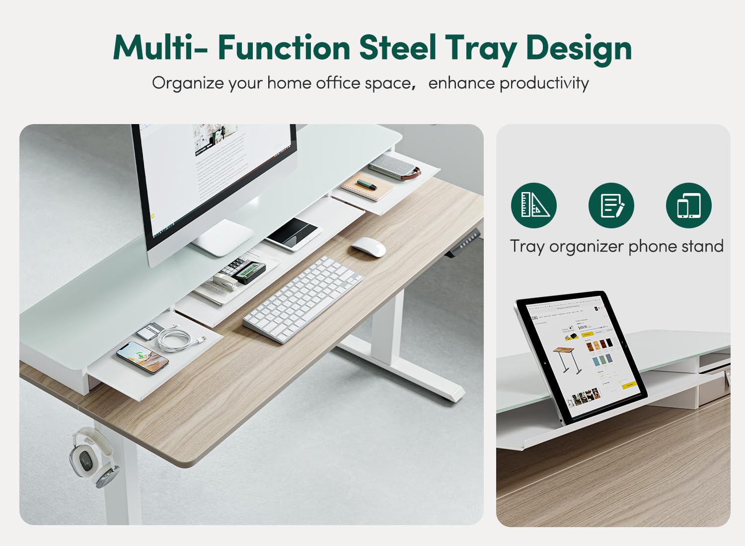 FEZIBO Electric Standing Desk with Glass Top Monitor Stand,55 x 26 Inch Adjustable Sit Stand Up Table with Double Drawer, Sit Stand Desk with Storage Shelf, White Frame/Light Walnut Top