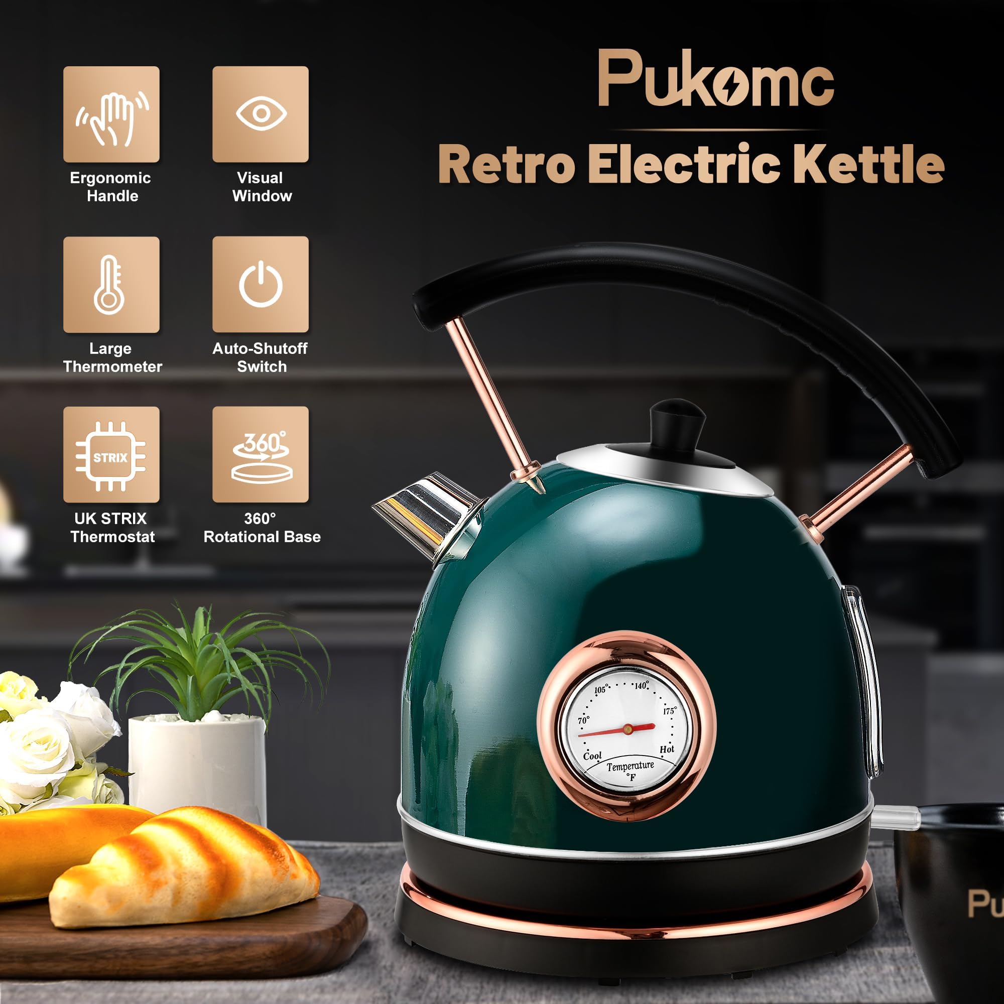 Pukomc 1.8L Electric Water Kettle with Temperature Gauge, Hot Water Boiler & Tea Heater with Curved Handle, Visible Water Level Line, Led Light, Auto Shut-Off&Boil-Dry Protection,Green