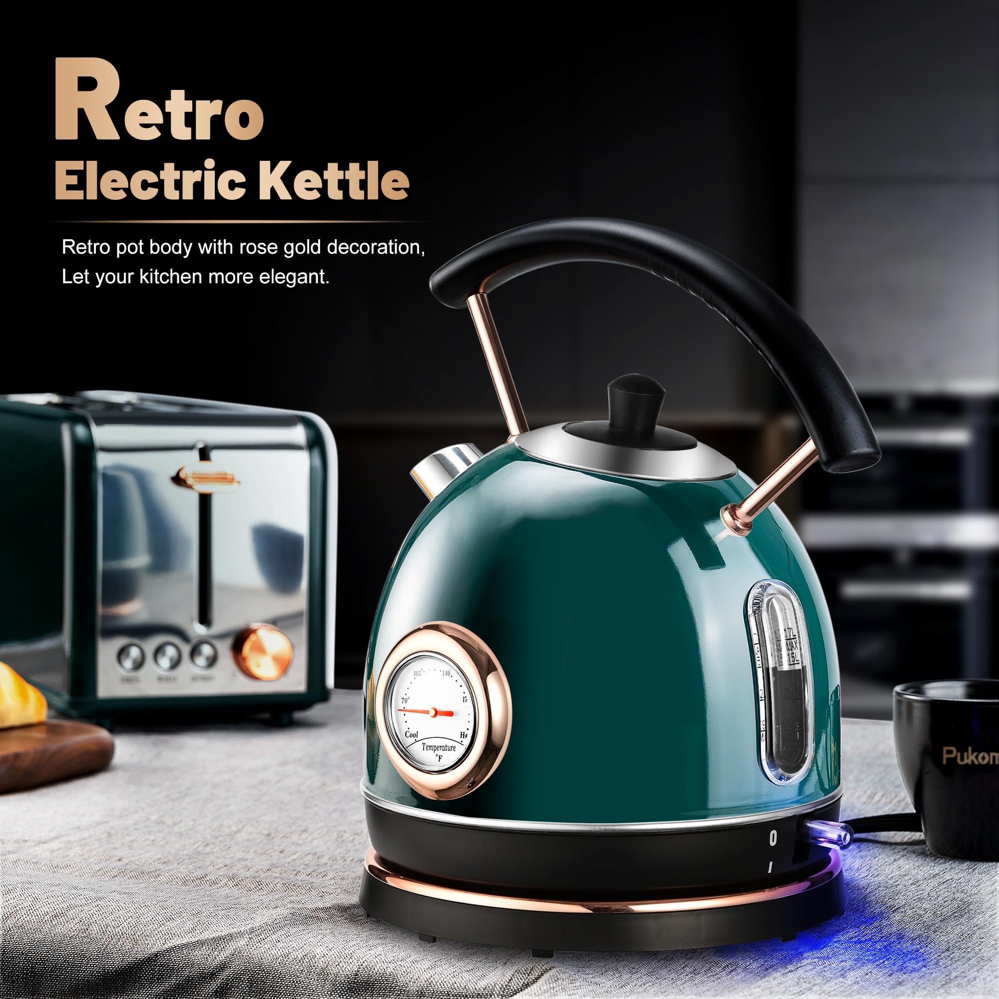 Pukomc 1.8L Electric Water Kettle with Temperature Gauge, Hot Water Boiler & Tea Heater with Curved Handle, Visible Water Level Line, Led Light, Auto Shut-Off&Boil-Dry Protection,Green
