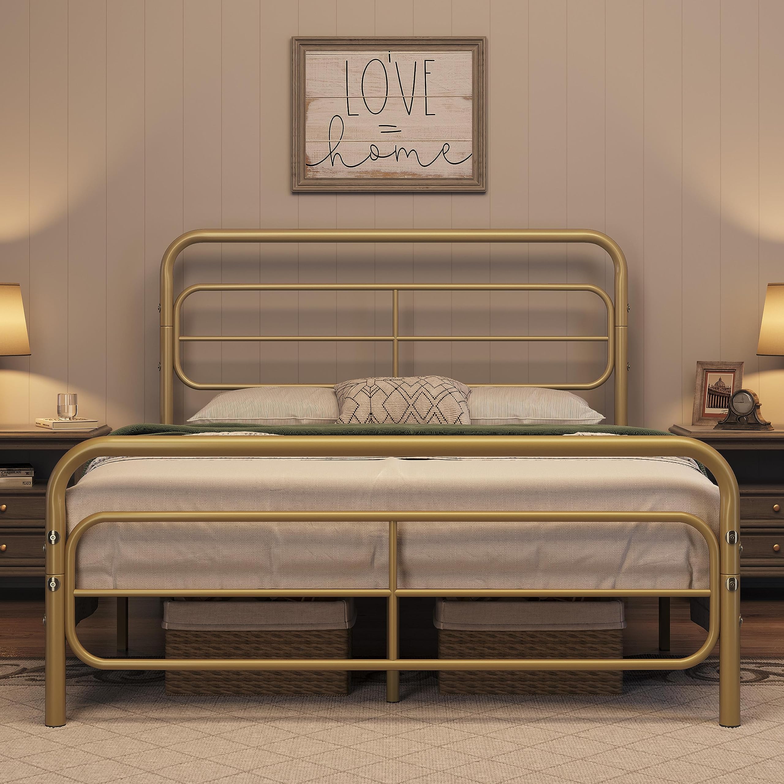 Yaheetech Queen Bed Frame Metal Platform Bed with Geometric Patterned Headboard, Mattress Foundation with Under Bed Storage/Sturdy Slat Support, No Box Spring Needed, Antique Gold