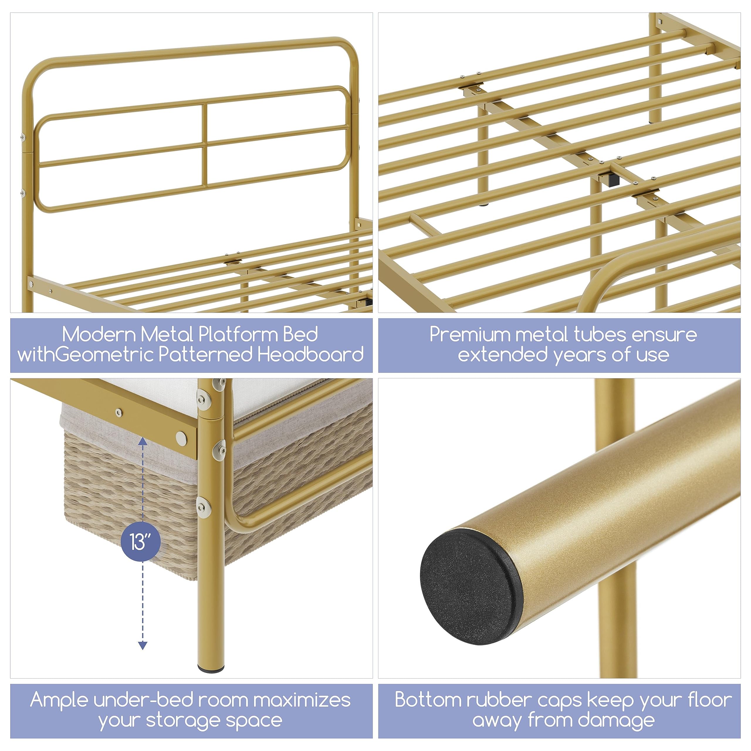 Yaheetech Queen Bed Frame Metal Platform Bed with Geometric Patterned Headboard, Mattress Foundation with Under Bed Storage/Sturdy Slat Support, No Box Spring Needed, Antique Gold