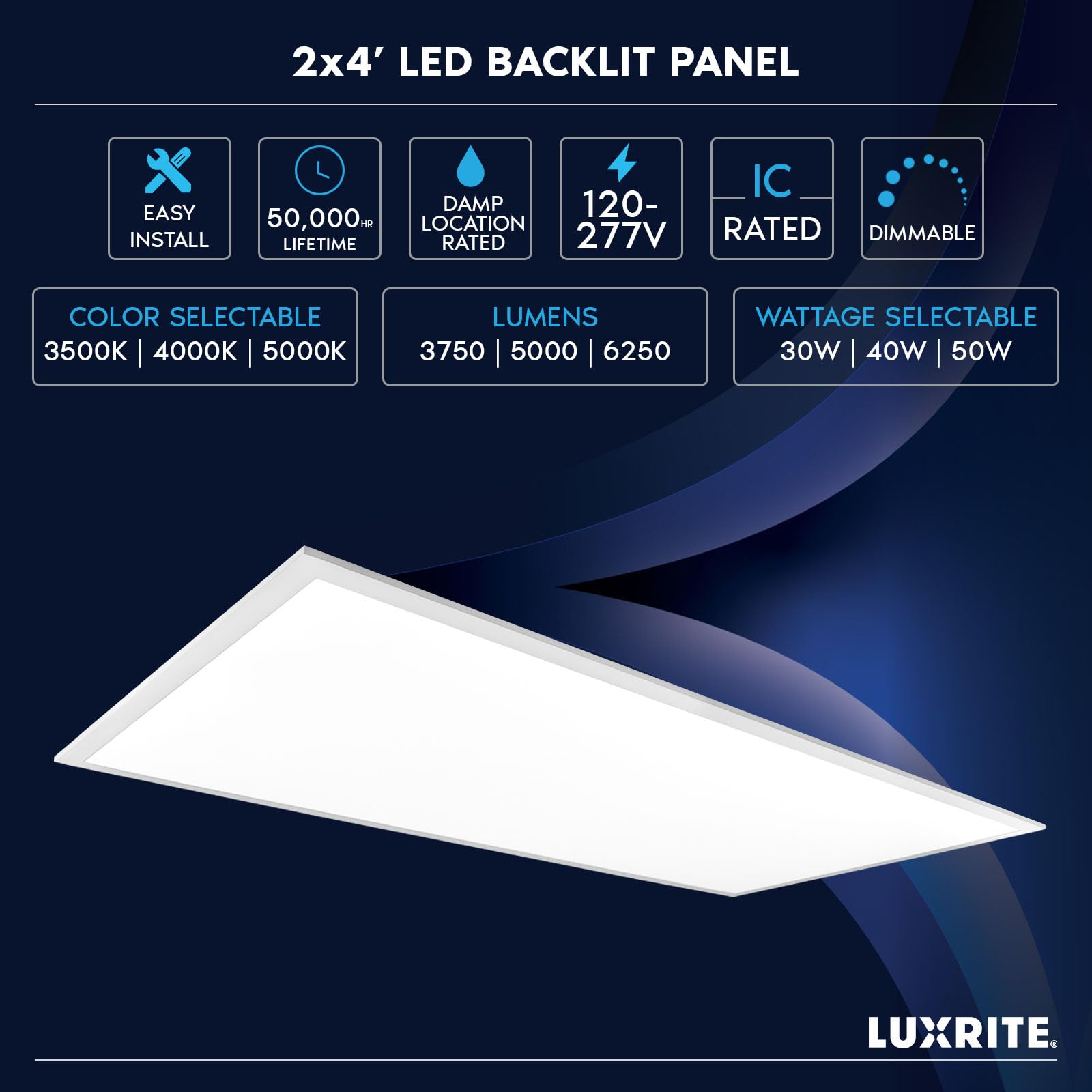 LUXRITE 8-Pack 2x4 FT LED Flat Panel Lights, 3CCT Selectable 3500K 4000K 5000K, 30W 40W 50W Tunable, Up to 6250LM, 0-10V Dimmable, Drop Ceiling Lights, 120-277V, IC Rated, DLC, ETL - Office Lighting