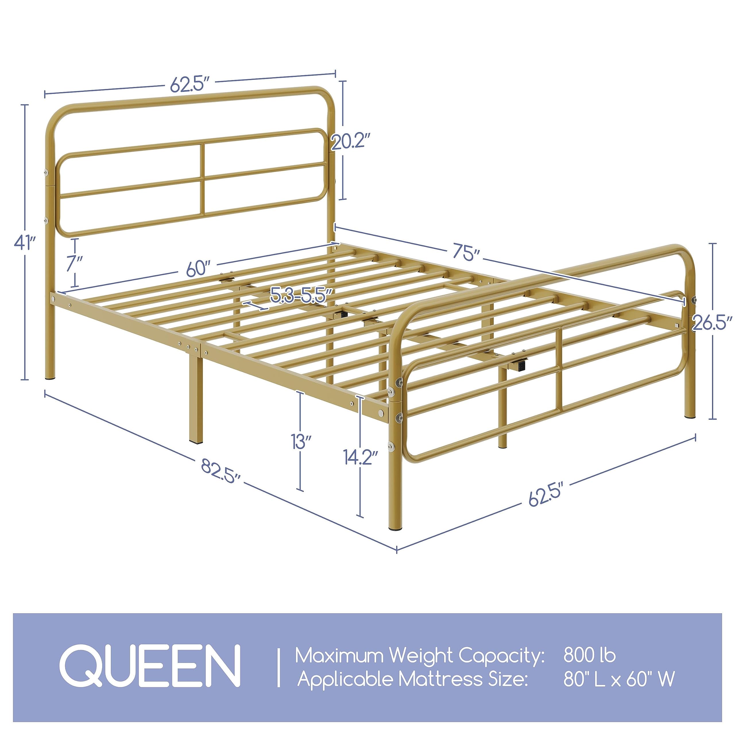 Yaheetech Queen Bed Frame Metal Platform Bed with Geometric Patterned Headboard, Mattress Foundation with Under Bed Storage/Sturdy Slat Support, No Box Spring Needed, Antique Gold
