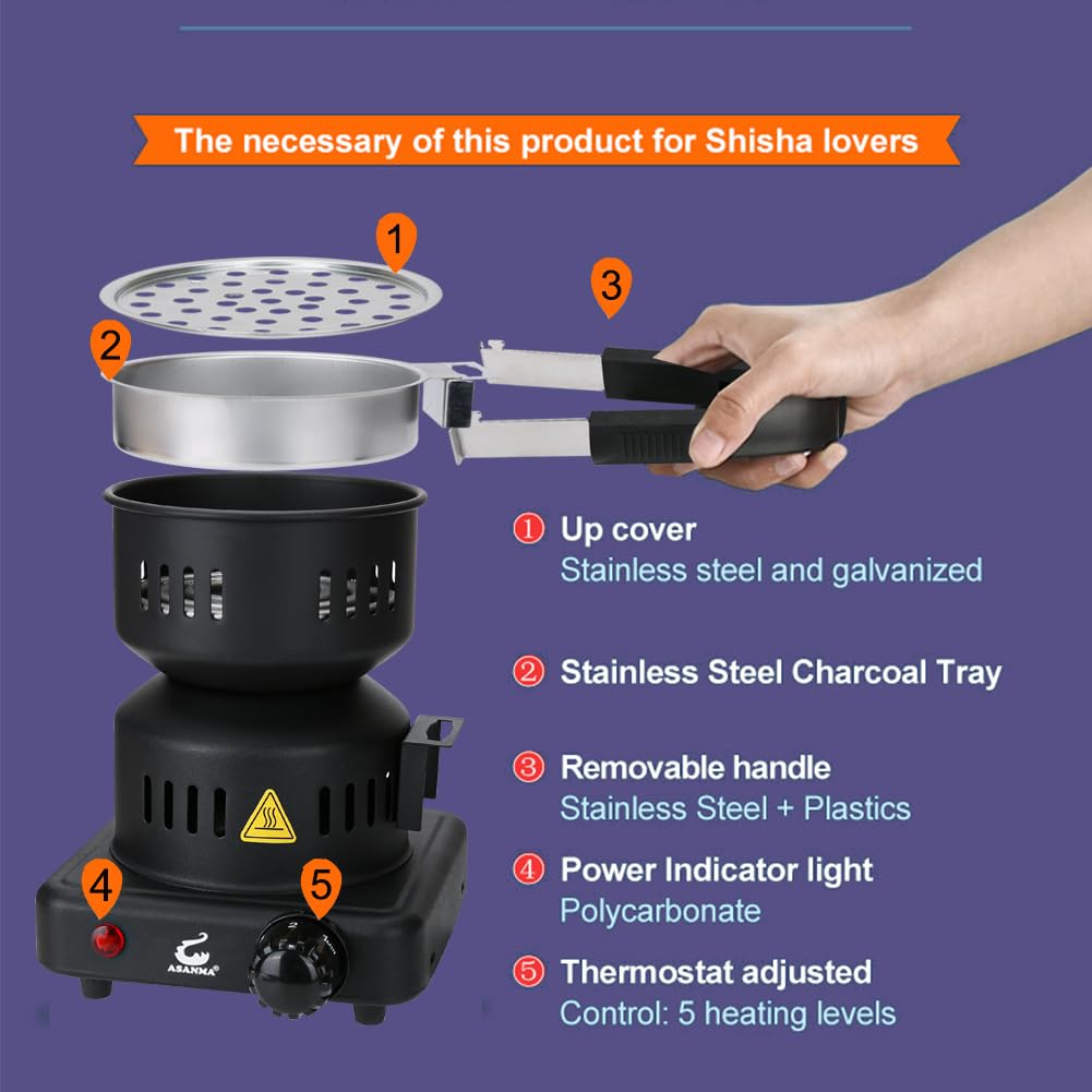 Multipurpose Charcoal Starter - Coal Burner Hot Plate Electric Stove Coconut Starter with Stainless Detachable Tongs, 4.9Ft Longer Cords, 650W Faster Heating for BBQ Kitchen etc.