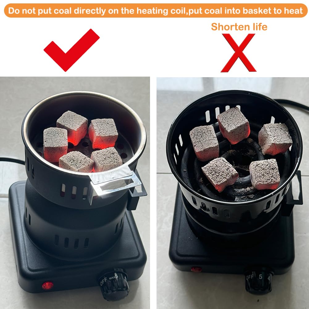 Multipurpose Charcoal Starter - Coal Burner Hot Plate Electric Stove Coconut Starter with Stainless Detachable Tongs, 4.9Ft Longer Cords, 650W Faster Heating for BBQ Kitchen etc.