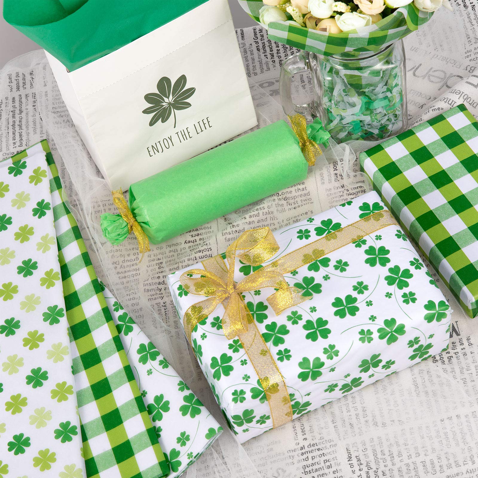 Whaline St. Patrick's Day Tissue Paper 90 Sheet Green Plaid Shamrock Clover Pattern Art Tissue Bulk Irish Spring Holiday Wrapping Paper for DIY Crafts Party Gift Bag Packing Birthday Favors, 14 x 20"