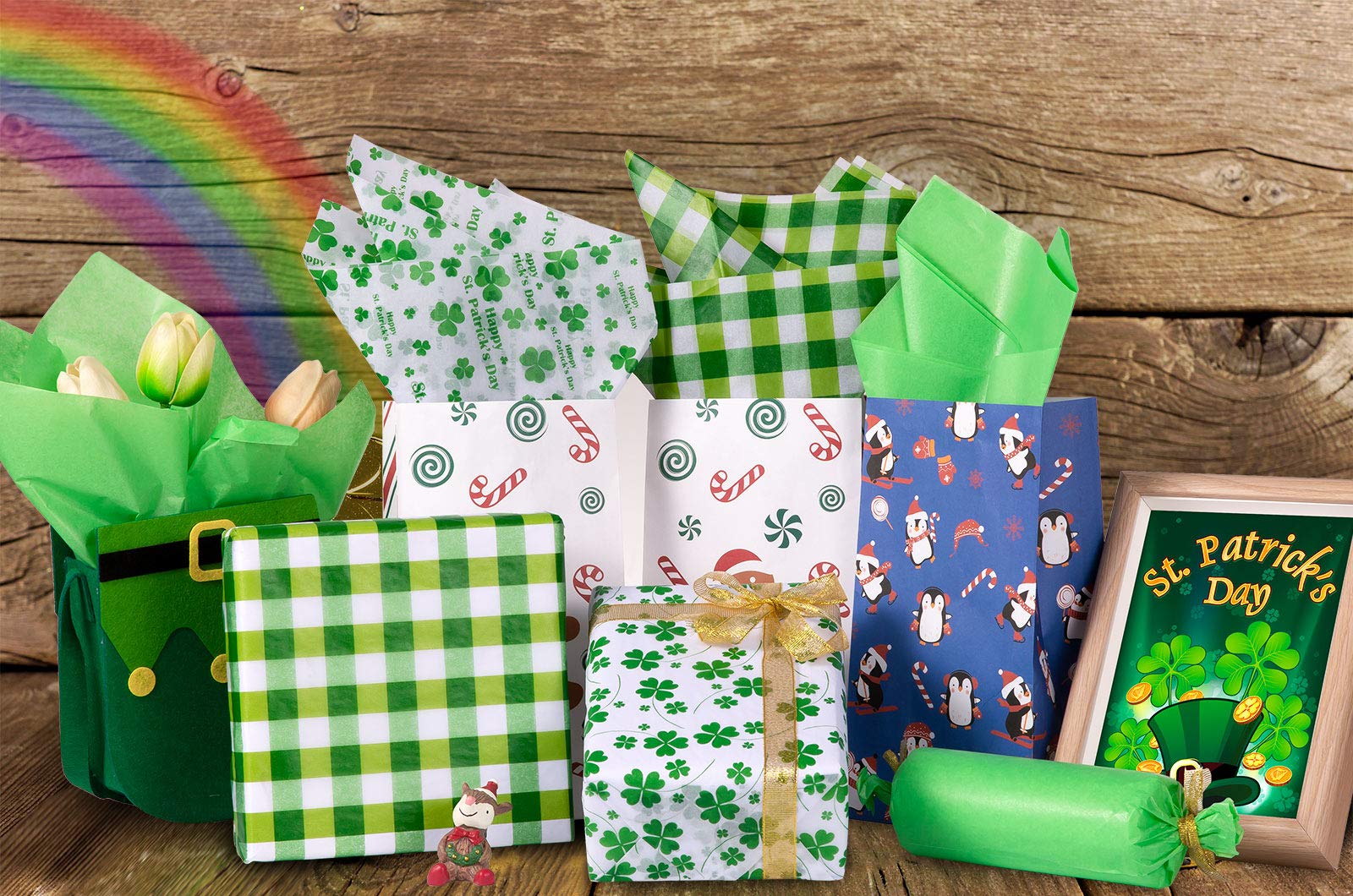 Whaline St. Patrick's Day Tissue Paper 90 Sheet Green Plaid Shamrock Clover Pattern Art Tissue Bulk Irish Spring Holiday Wrapping Paper for DIY Crafts Party Gift Bag Packing Birthday Favors, 14 x 20"