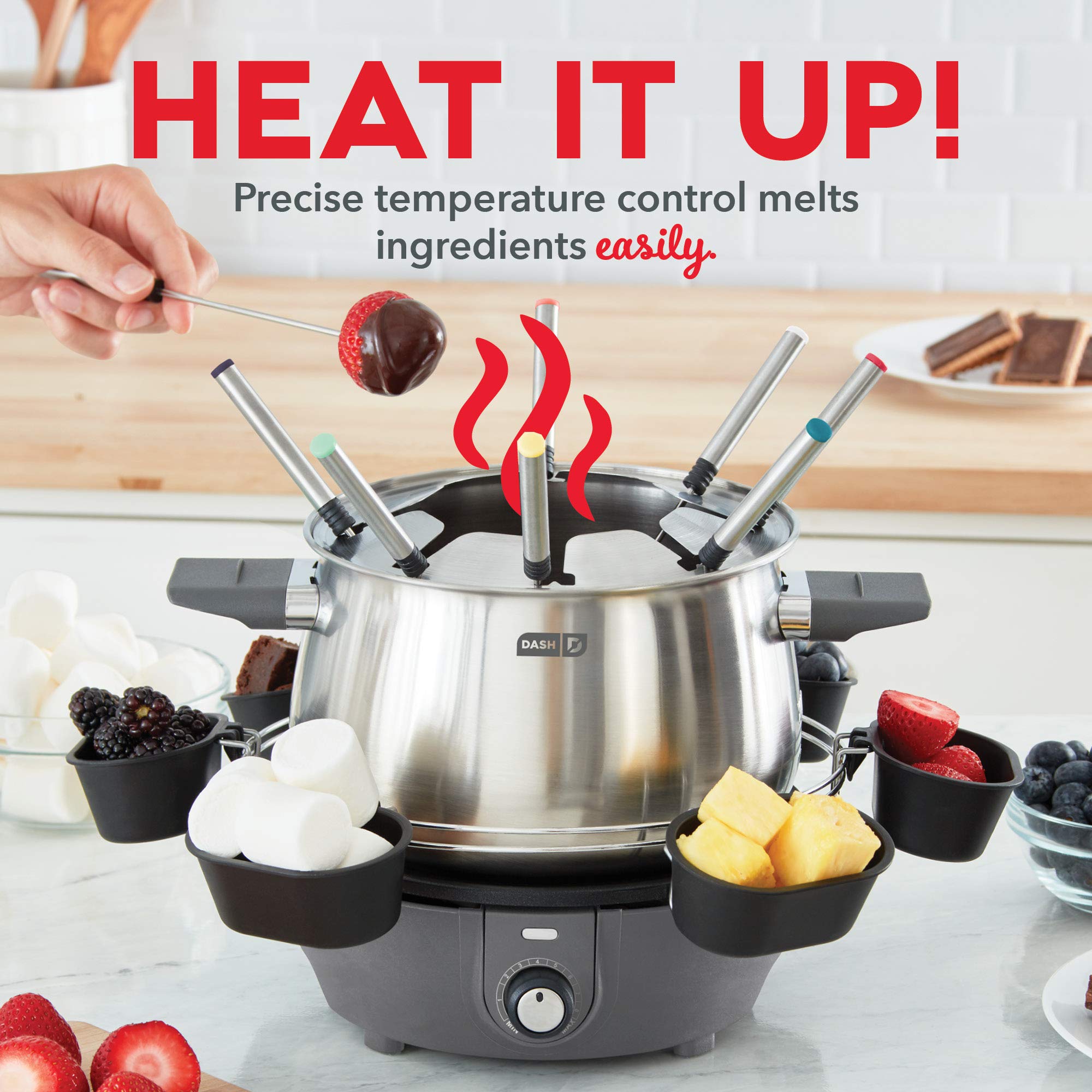 Dash Deluxe Stainless Steel Fondue Maker with Temperature Control, Fondue Forks, Cups, and Rack, with Recipe Guide Included, 3-Quart, Non-Stick – Grey