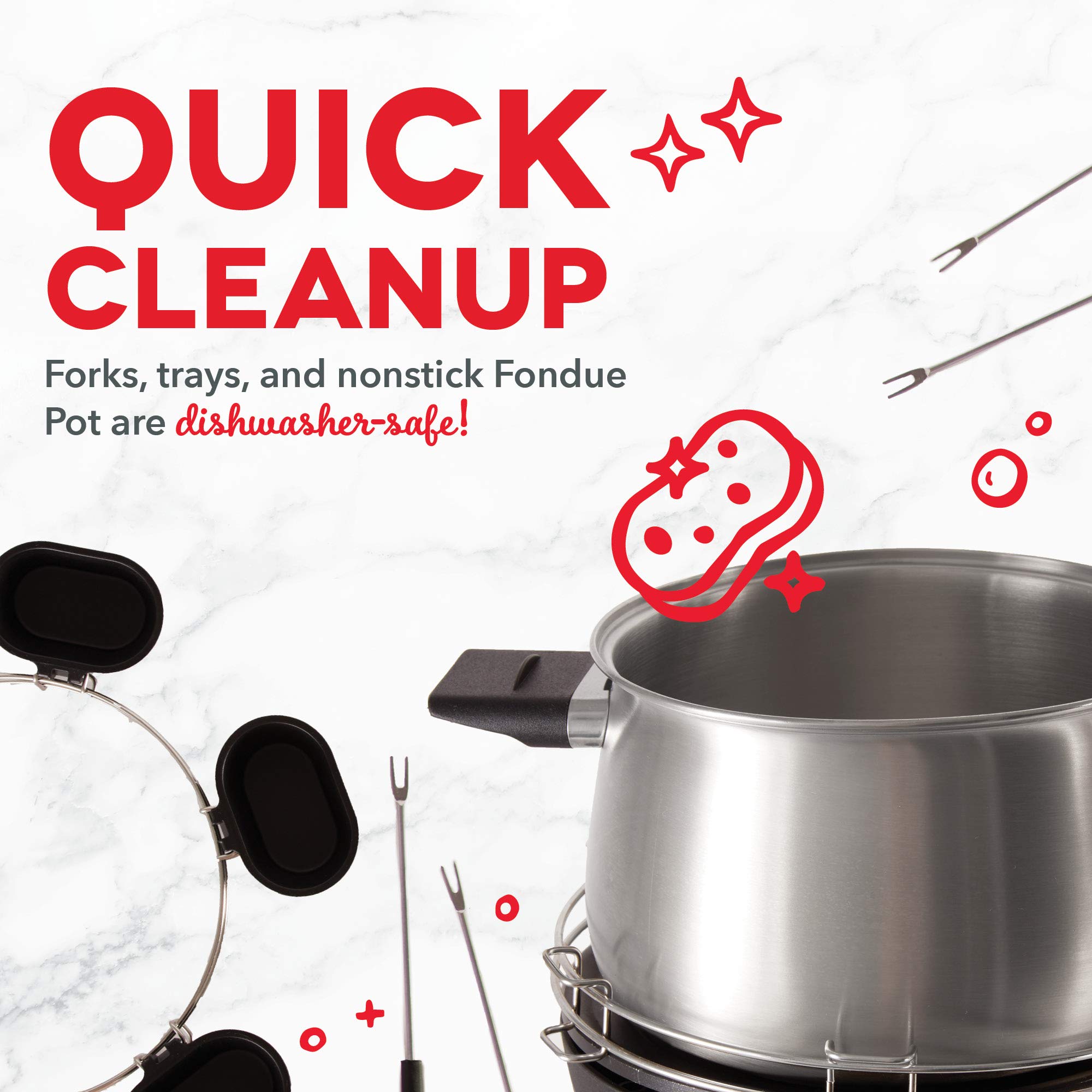 Dash Deluxe Stainless Steel Fondue Maker with Temperature Control, Fondue Forks, Cups, and Rack, with Recipe Guide Included, 3-Quart, Non-Stick – Grey