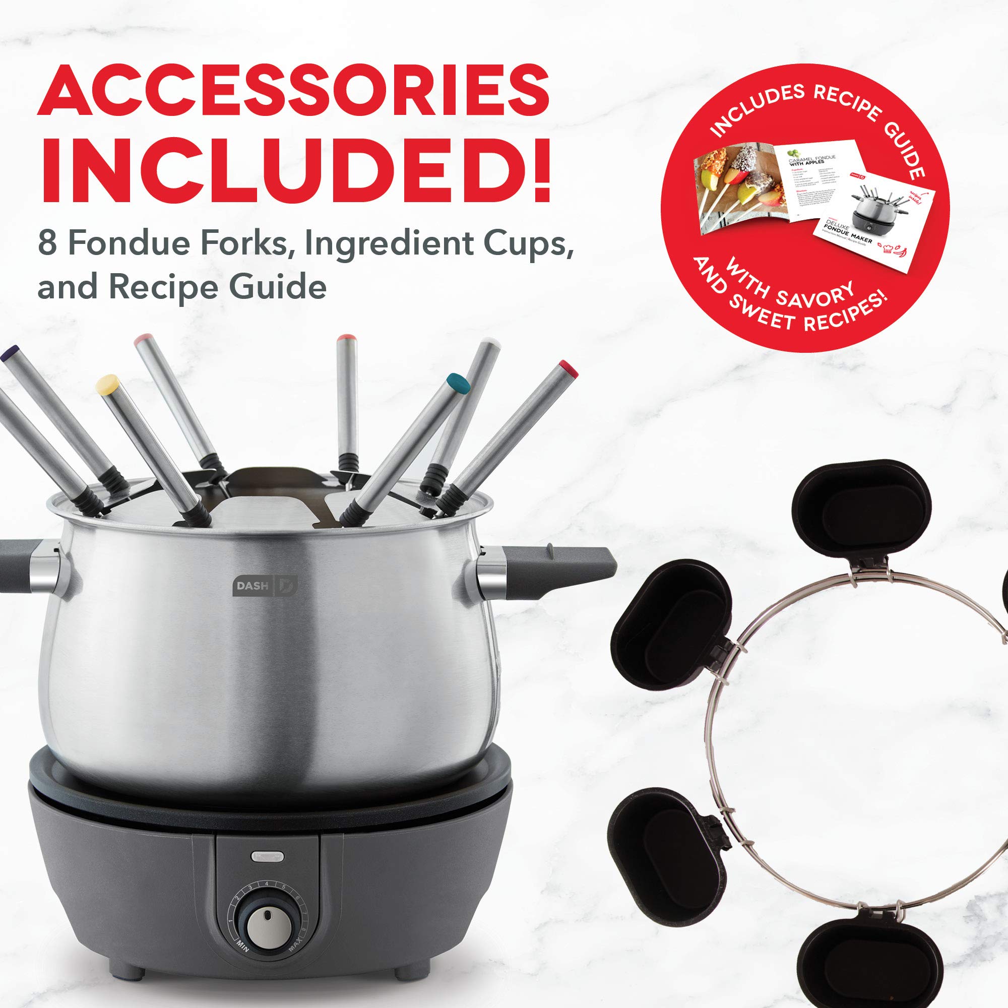 Dash Deluxe Stainless Steel Fondue Maker with Temperature Control, Fondue Forks, Cups, and Rack, with Recipe Guide Included, 3-Quart, Non-Stick – Grey