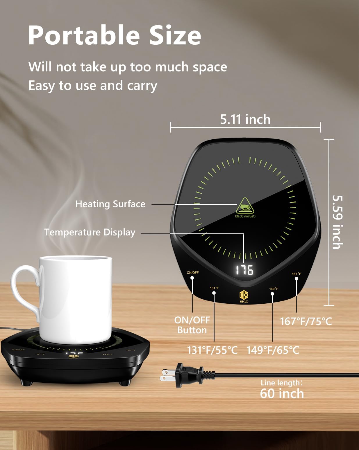 HX HECLX Mug Warmer Coffee Warmer for Desk Heater Accessories 131℉/149℉/167℉ Adjustable Temperature 25W 4h Auto Shut Off-Setting Cup Warmer for Coffee, Beverage, Milk, Tea, Water (Mug Not Included)