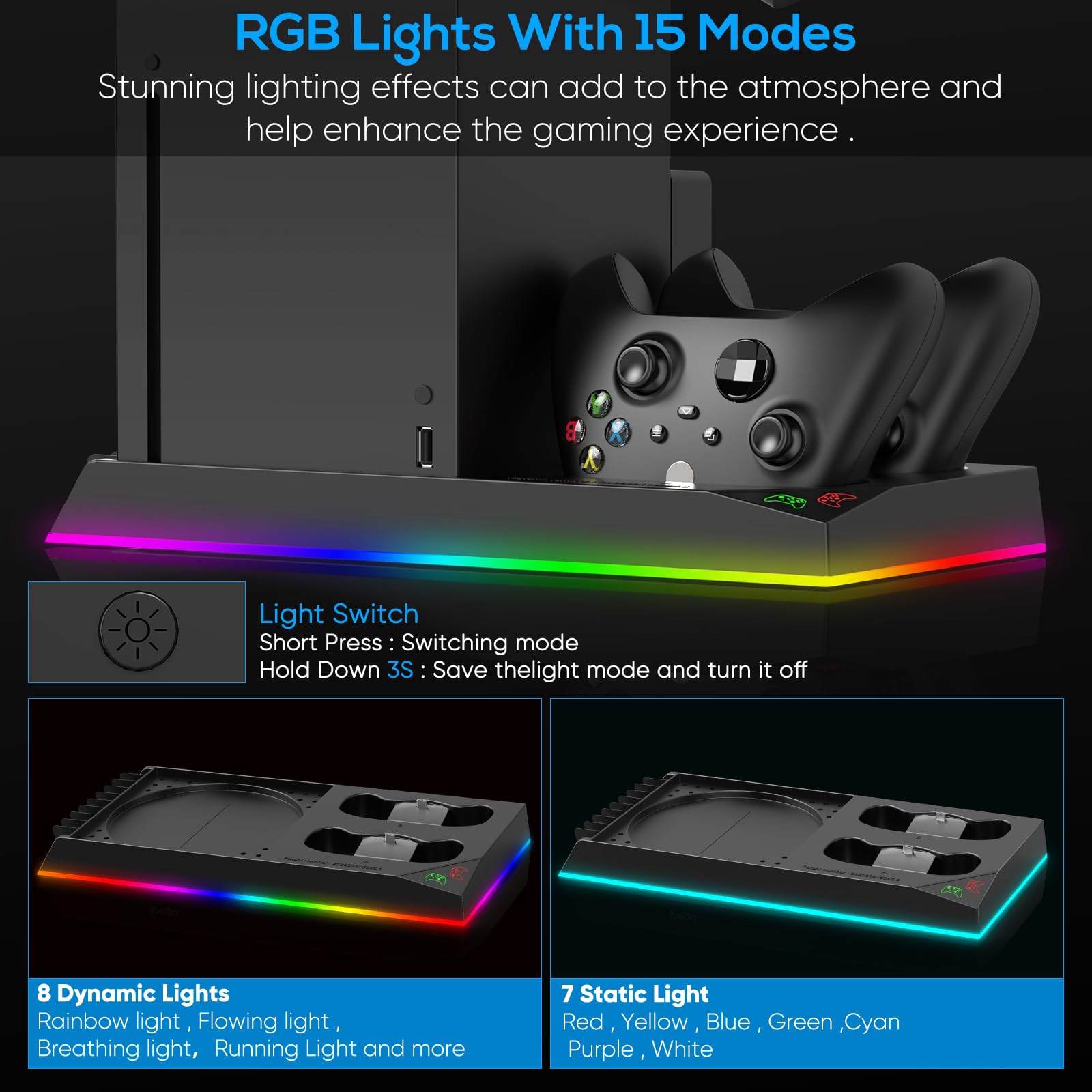Upgrade Stand for Xbox Series X with Back Cooling Fan& RGB Lights, Charging Station with Controller Charger Dock &Game Storage Rack Organizer& Headset Stand with 2X1400 mAh Rechargeable Battery Pack