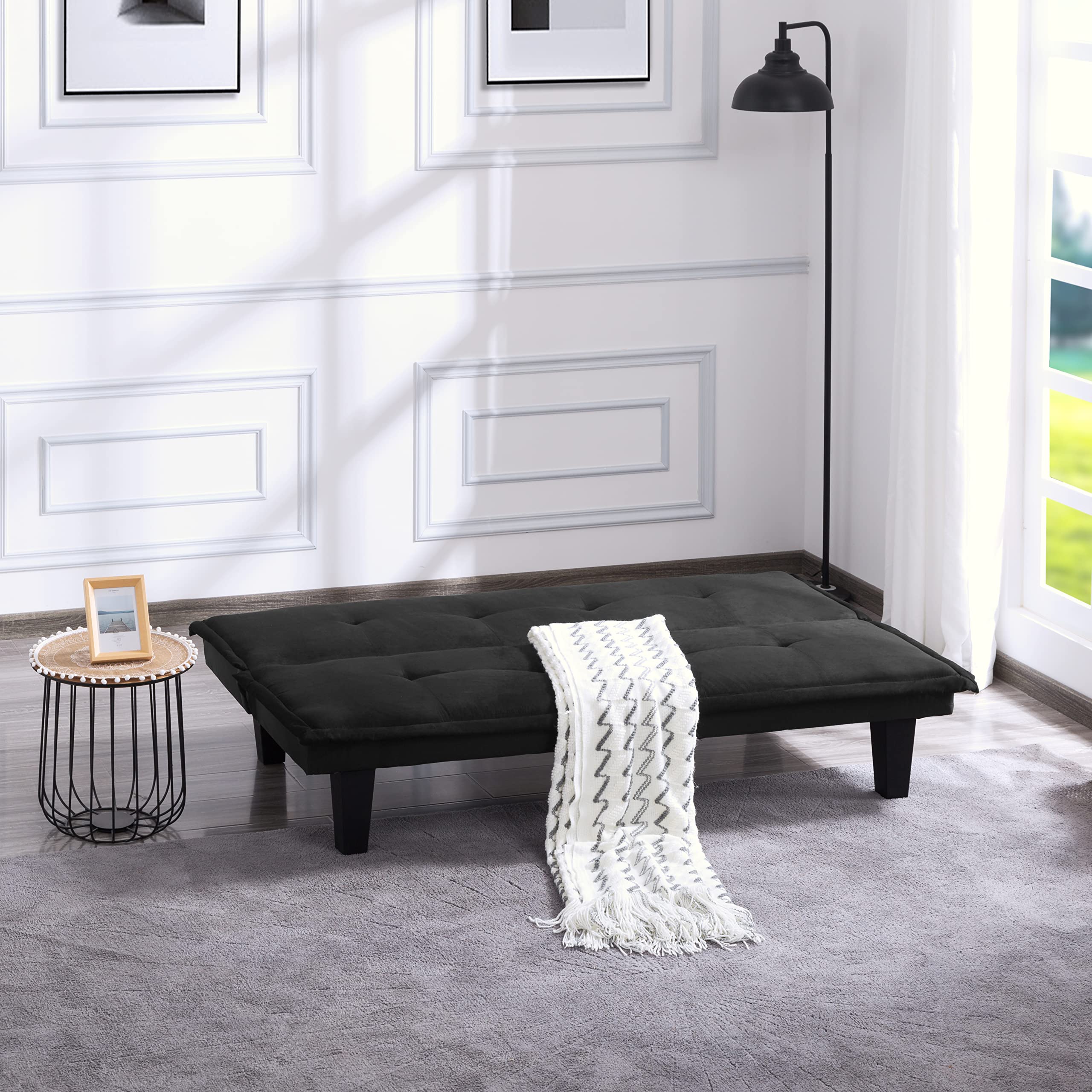 AnwickNomo 63.8" Convertible Futon Sofa Bed, Faux Suede Loveseat with Adjustable Backrest, Futon Sleeper Sofa for Small Space, Living Room, Bedroom, Apartments (Black)