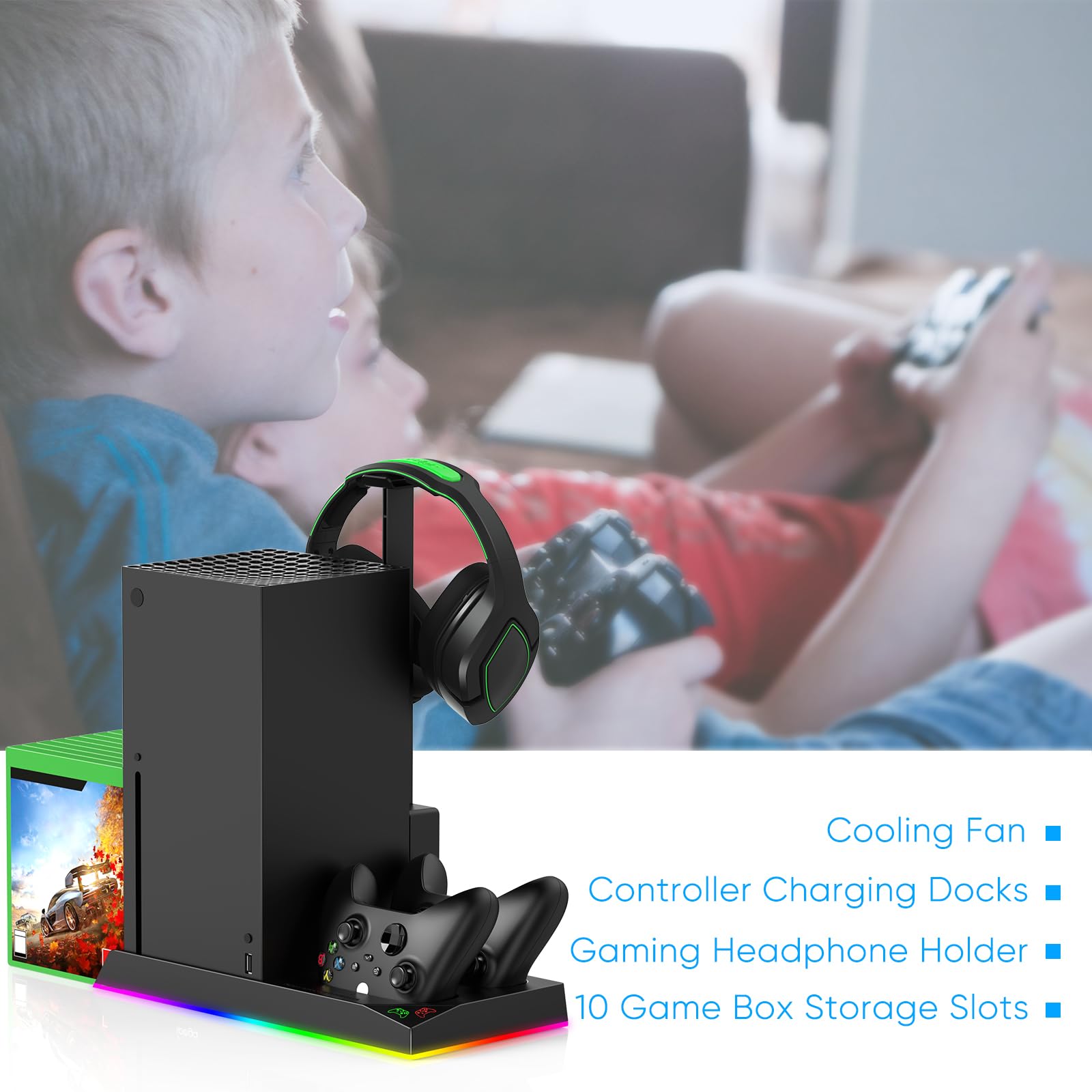 Upgrade Stand for Xbox Series X with Back Cooling Fan& RGB Lights, Charging Station with Controller Charger Dock &Game Storage Rack Organizer& Headset Stand with 2X1400 mAh Rechargeable Battery Pack