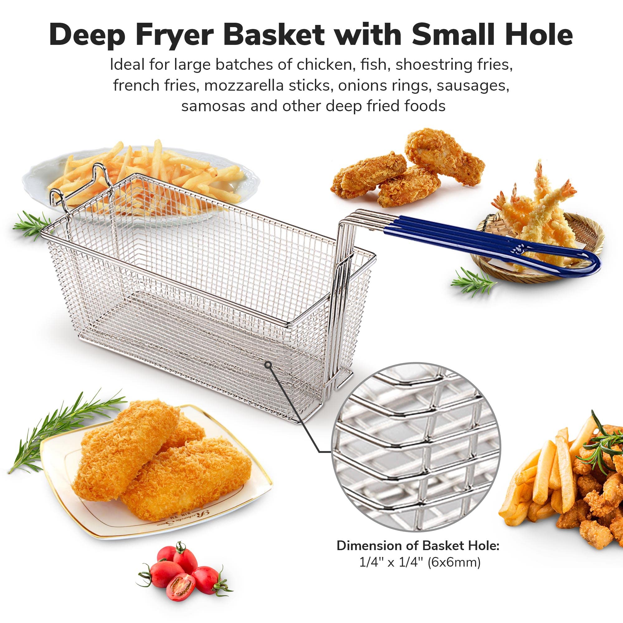 2PCS Deep Fryer Basket With Non-Slip Handle Heavy Duty Nickel Plated Iron Construction 13 1/4" x 6 1/2" x 6" Commercial Use
