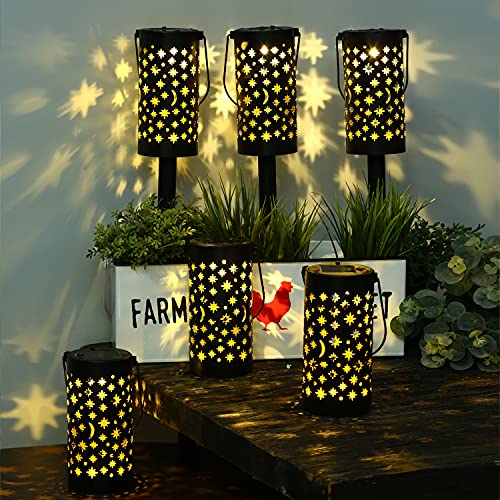 TZSSP Solar Pathway Lights Outdoor Solar Powered Garden Lights Metal Waterproof LED Path Hanging Solar Lights Star Moon Solar Landscape Lights Outdoor for Walkway, Garden, Patio, Lawn, Yard,6 Packs