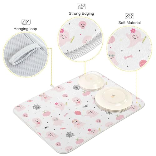 Cute Pink Ghosts Webs Pumpkins Spiders Skulls Drying Dish Mat Dish Mat Drying 18 X 24 Dish Drainer Mat For Kitchen Counter Dry Matt Air Fryer Heat Resistant Mat Dish Drying Mat Xl Microfiber