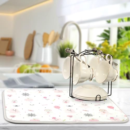 Cute Pink Ghosts Webs Pumpkins Spiders Skulls Drying Dish Mat Dish Mat Drying 18 X 24 Dish Drainer Mat For Kitchen Counter Dry Matt Air Fryer Heat Resistant Mat Dish Drying Mat Xl Microfiber