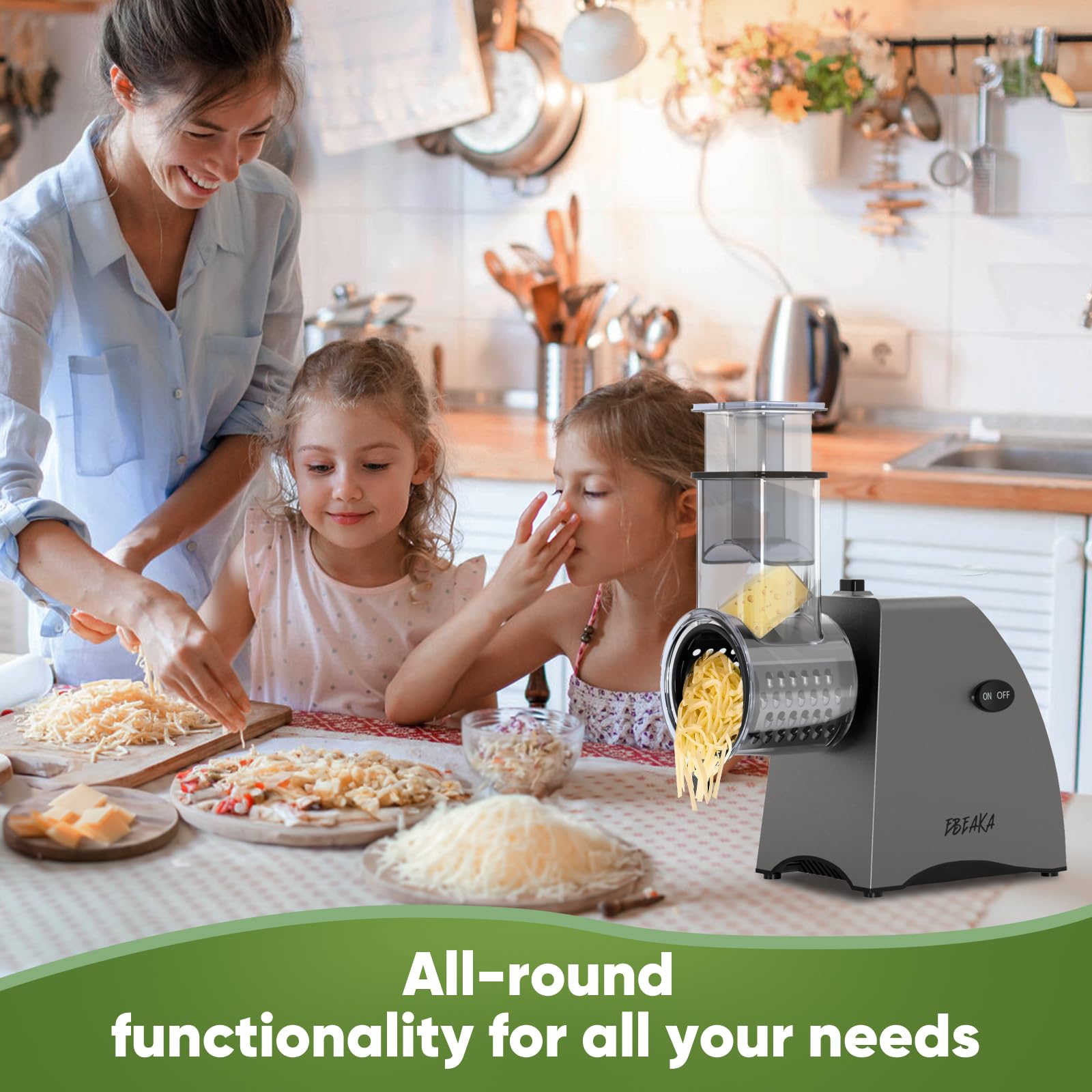 EBEAKA 2 in 1 Electric Cheese Grater and Meat Grinder for Home Use, Kube Maker, Sausage Maker, Fruit, Vegetable Slicer, Cheese Shredder for Block Cheese, Salad Maker