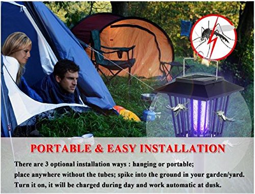 New & Improved Solar Powered Zapper- Enhanced Outdoor Flying Insect Killer- Hang or Stake in the Ground- Cordless Garden Lamp- Portable LED Machine- Best Stinger for Mosquitoes/ Moths/ Flies (Black)