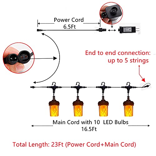 Flickering Flame String Lights for Halloween Decor Outdoor,23Ft LED String Lights for Outside,Plug in Garden Lights,Connectable Backyard Lights 10 Lantern & Hooks Decorative Lights Cafe Bistro Patio