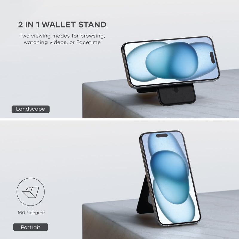 Satechi Magnetic Magsafe Wallet, Vegan-Leather Double Flap Stand Card Holder, 4 Slots with Front NFC Pass-Through, Adjustable Phone Attachment for iPhone 16/15/14/13/12, Travel Accessory, Black