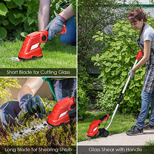 Goplus 7.2V Cordless Grass Shear + Hedge Trimmer w/ Wheeled Extension Pole and Rechargeable Battery